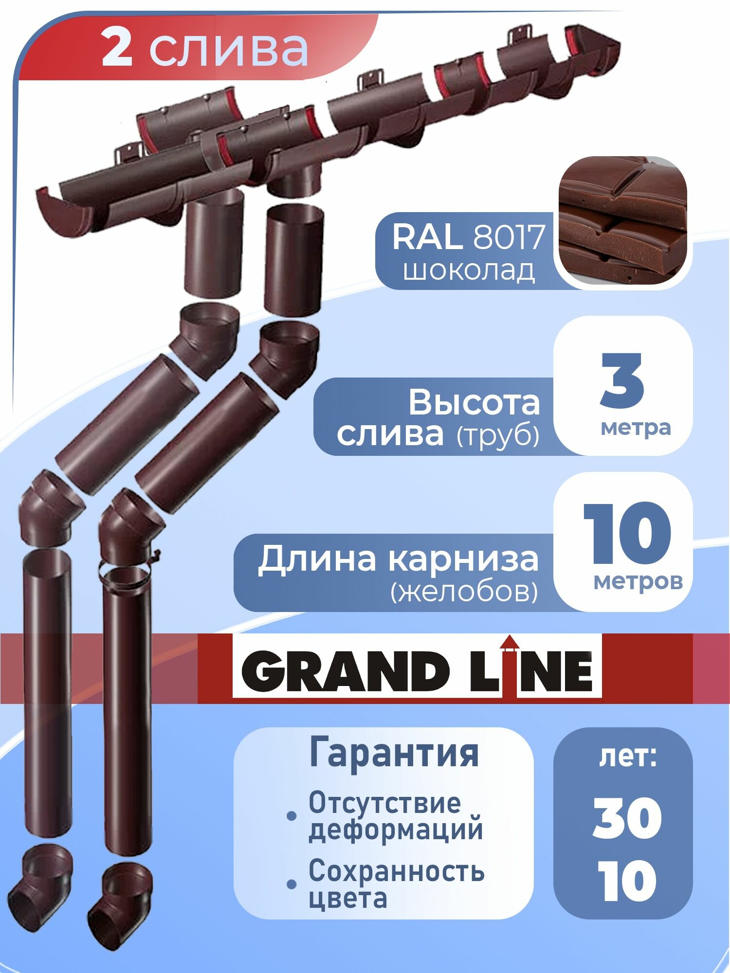 Водосточная система Grand Line 10 м ( 1,5 м+1 м ) шоколадный RAL 8017 2 слива , водосток для крыши пластиковый Гранд Лайн ( 120 мм / 90 мм ) комплект элементов ПВХ