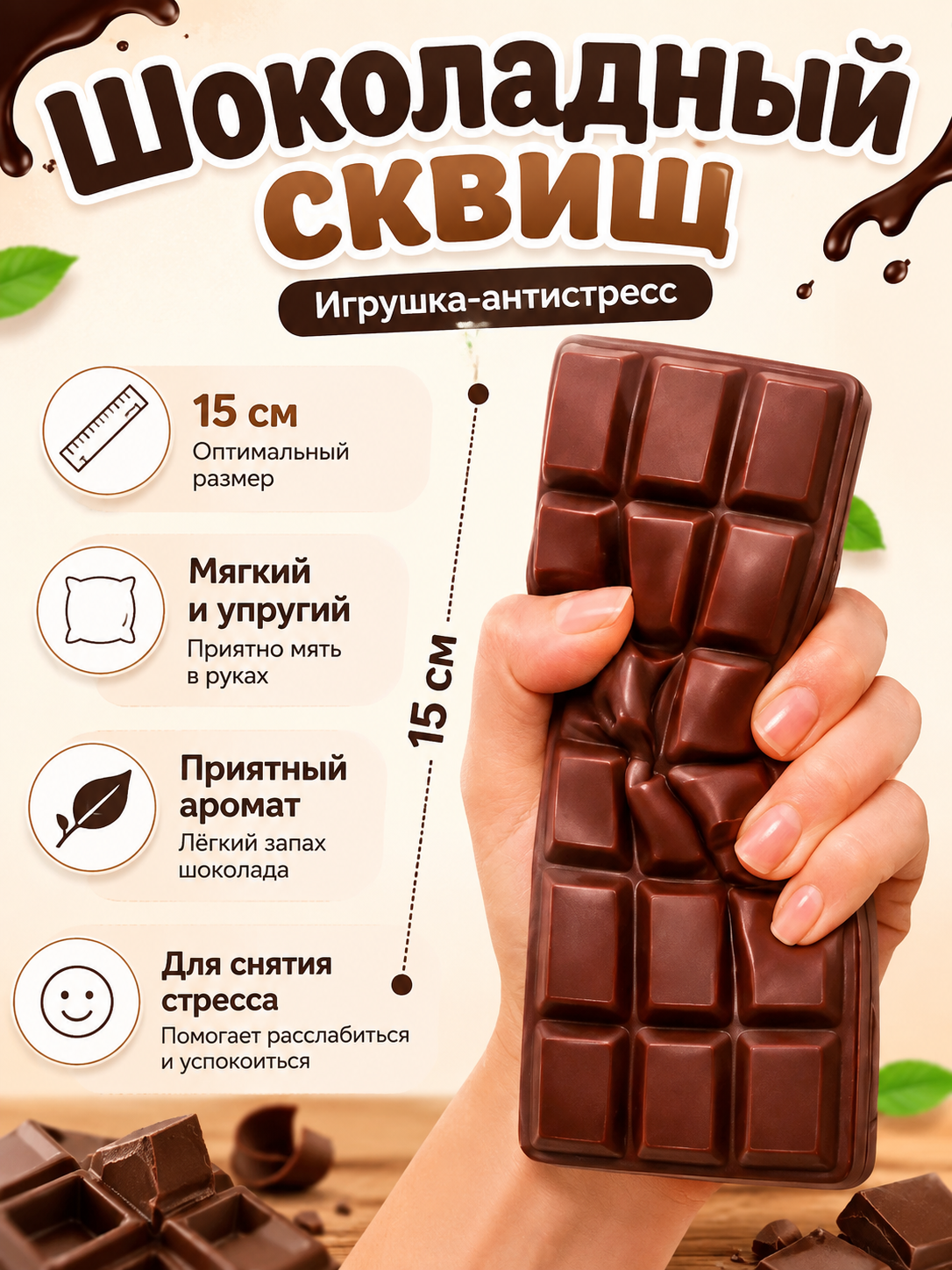 Сквиш антистресс Шоколад (Chocolate) 15 см, жмякалка для рук, игрушка для детей и взрослых, с ароматом шоколада, коричневый