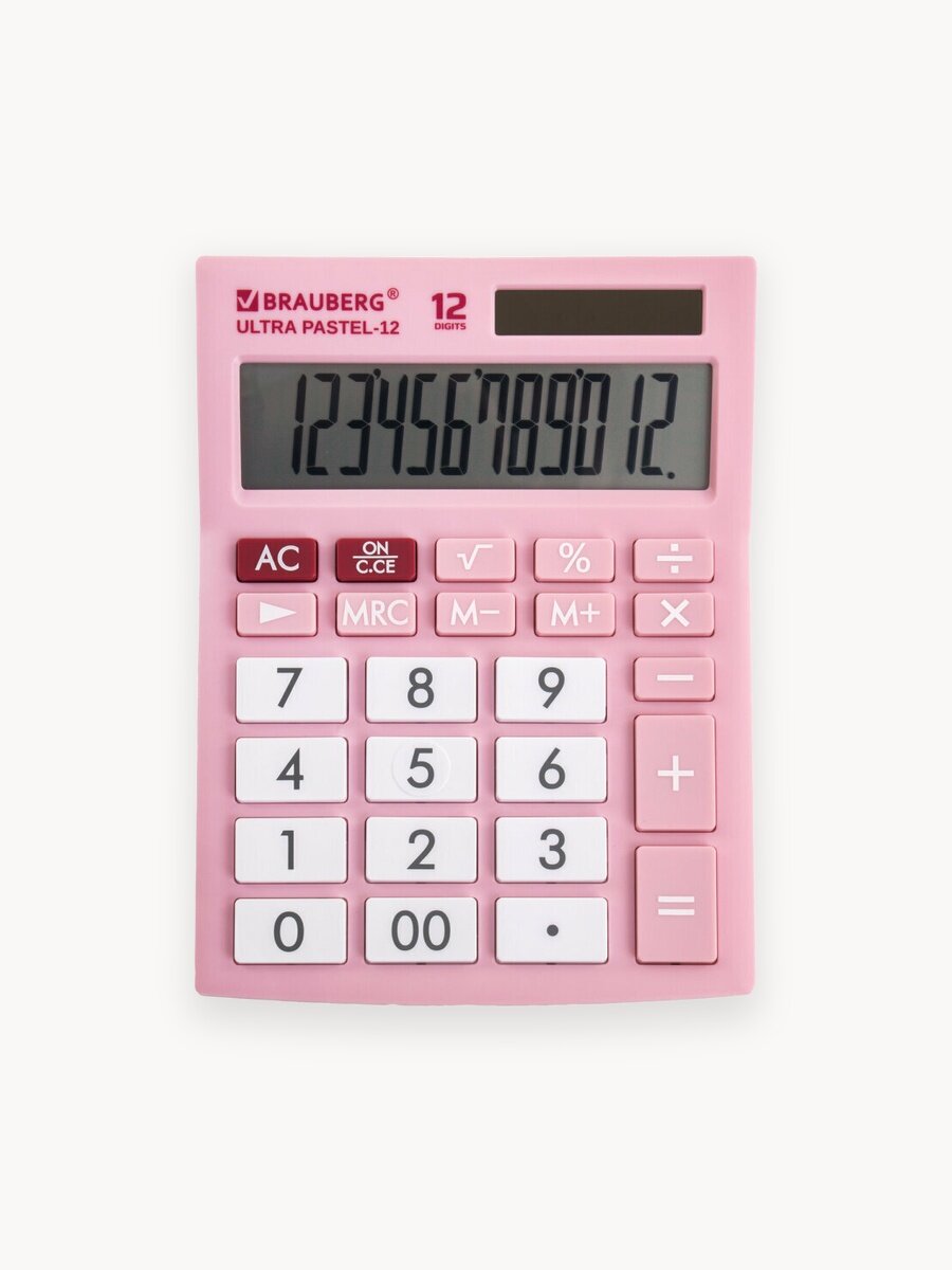 Калькулятор настольный BRAUBERG ULTRA PASTEL-12-PK (192x143 мм), 12 разрядов, двойное питание, розовый, 250503