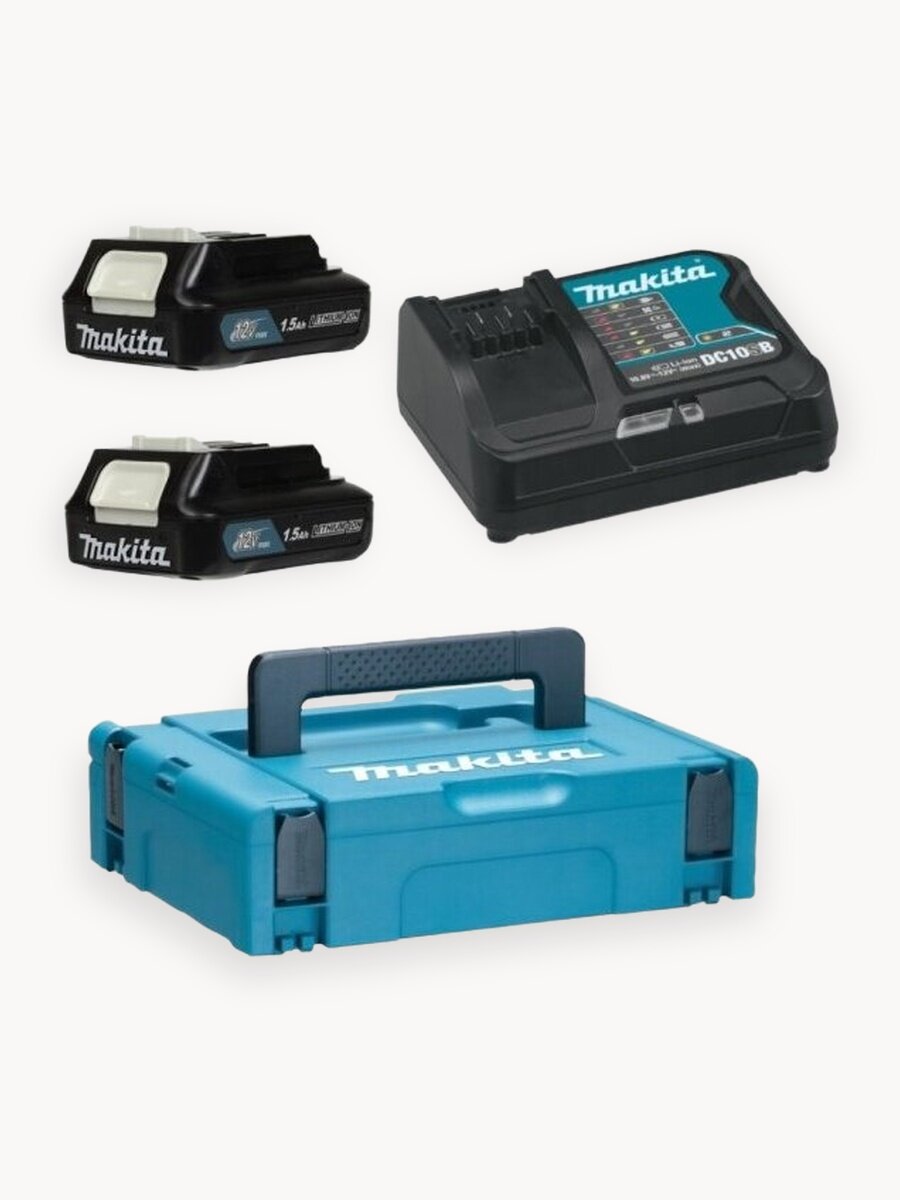 Аккумулятор + зарядное устройство Makita DC10SB-1шт(б\зар)+BL1016B-2шт, 12В, 1,5Ач, Li-ion, MakPac (197652-7) CXT