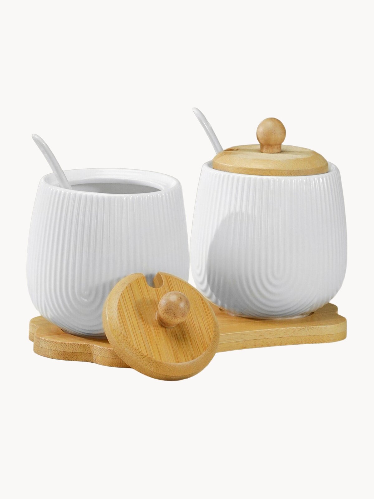 Набор для специй: сахарница и солонка керамика, с бамбуковой подставкой, белый, КС-7340