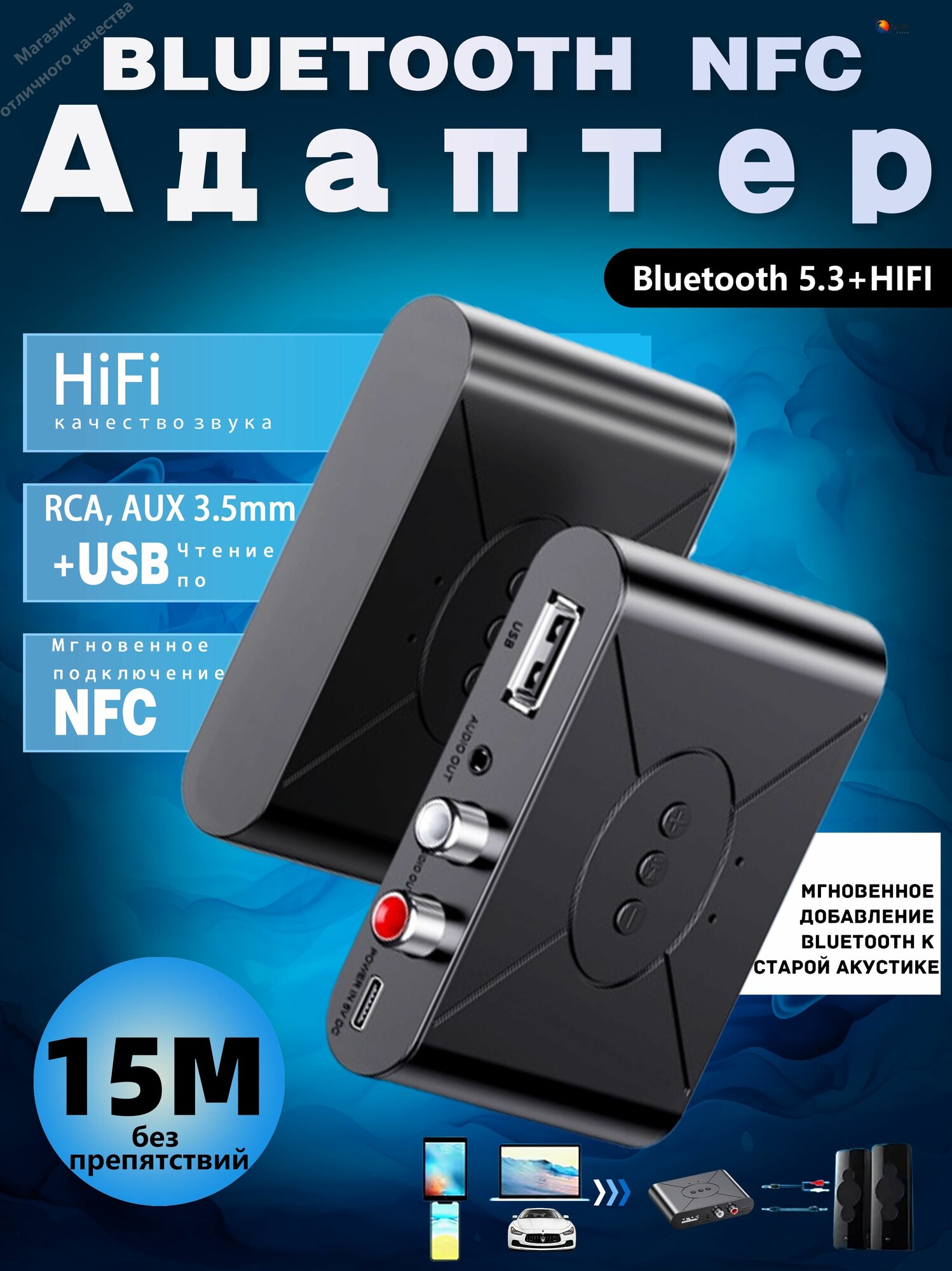 Dorewin Bluetooth 5.3 аудио ресивер NFC, поддержка USB, AUX/RCA выход, Hi-Fi звук, для старой акустики