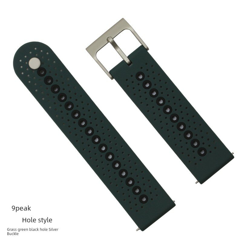 Suunto 9 Peak 22 мм светло-зеленая силиконовая браслет с серебряной пряжкой, черные перфорированные отверстия