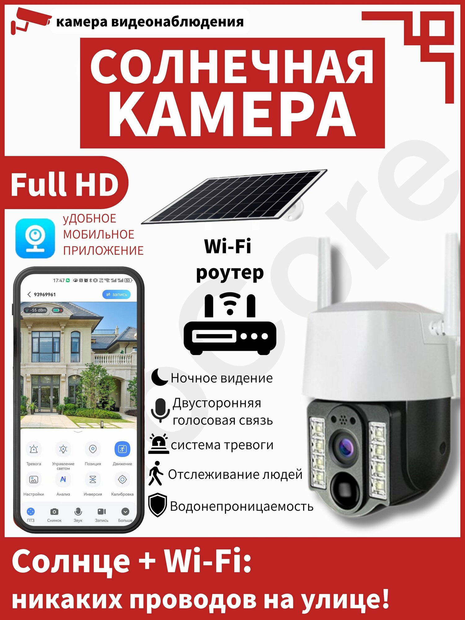 Камера видеонаблюдения уличная wi-fi на солнечной батарее: поворотная, с датчиком движения, ночным видением, full hd