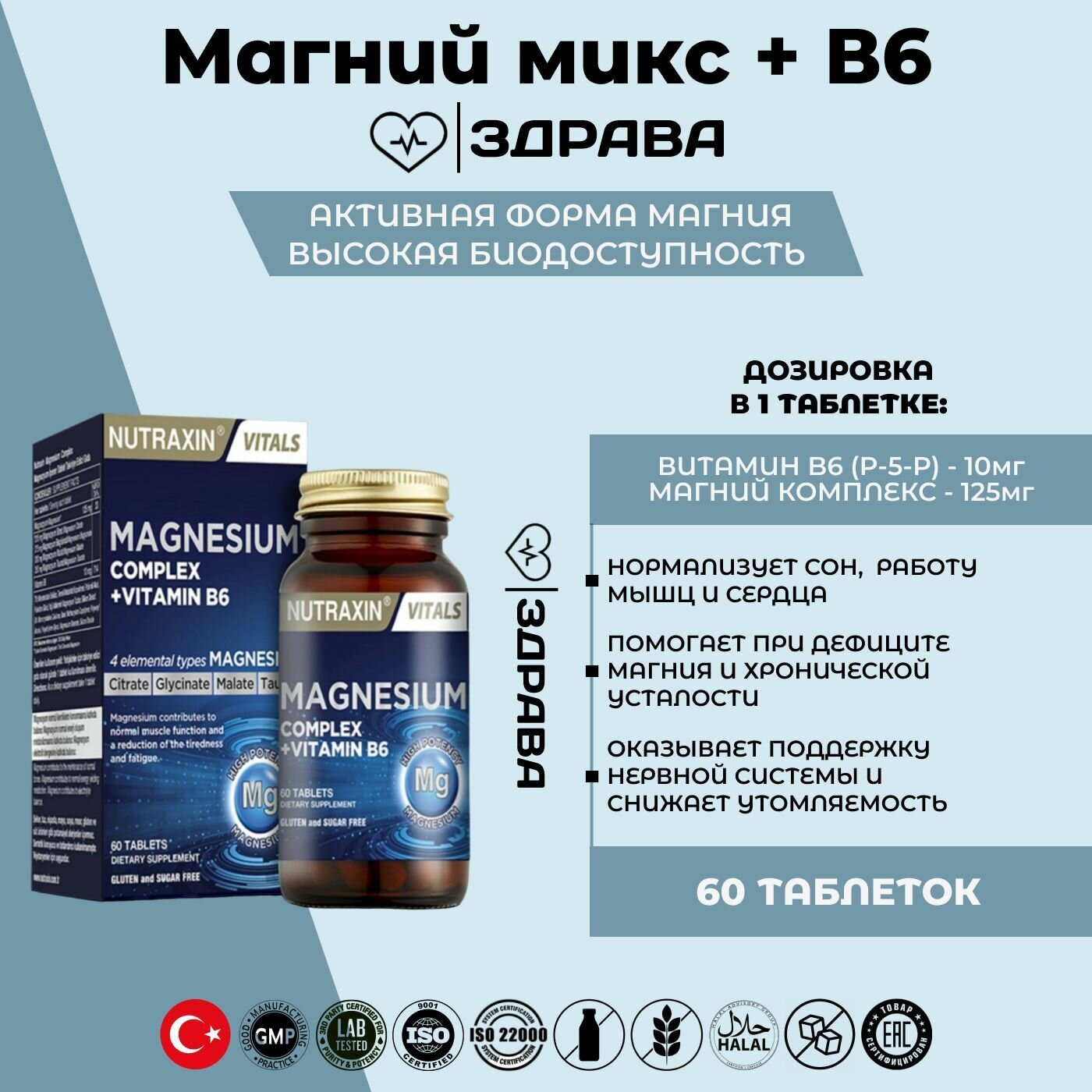 Nutraxin Magnesium Complex + Vitamin B6 60 Tablet / Нутраксин Магний Комплекс + Витамин Б6 60 таблеток
