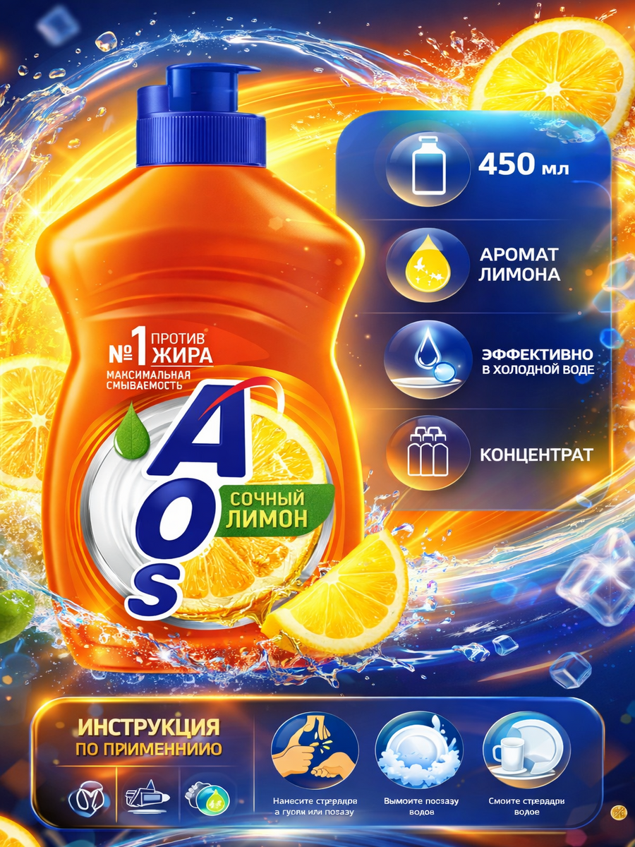 Бальзам для мытья посуды AOS Лимон, 450мл