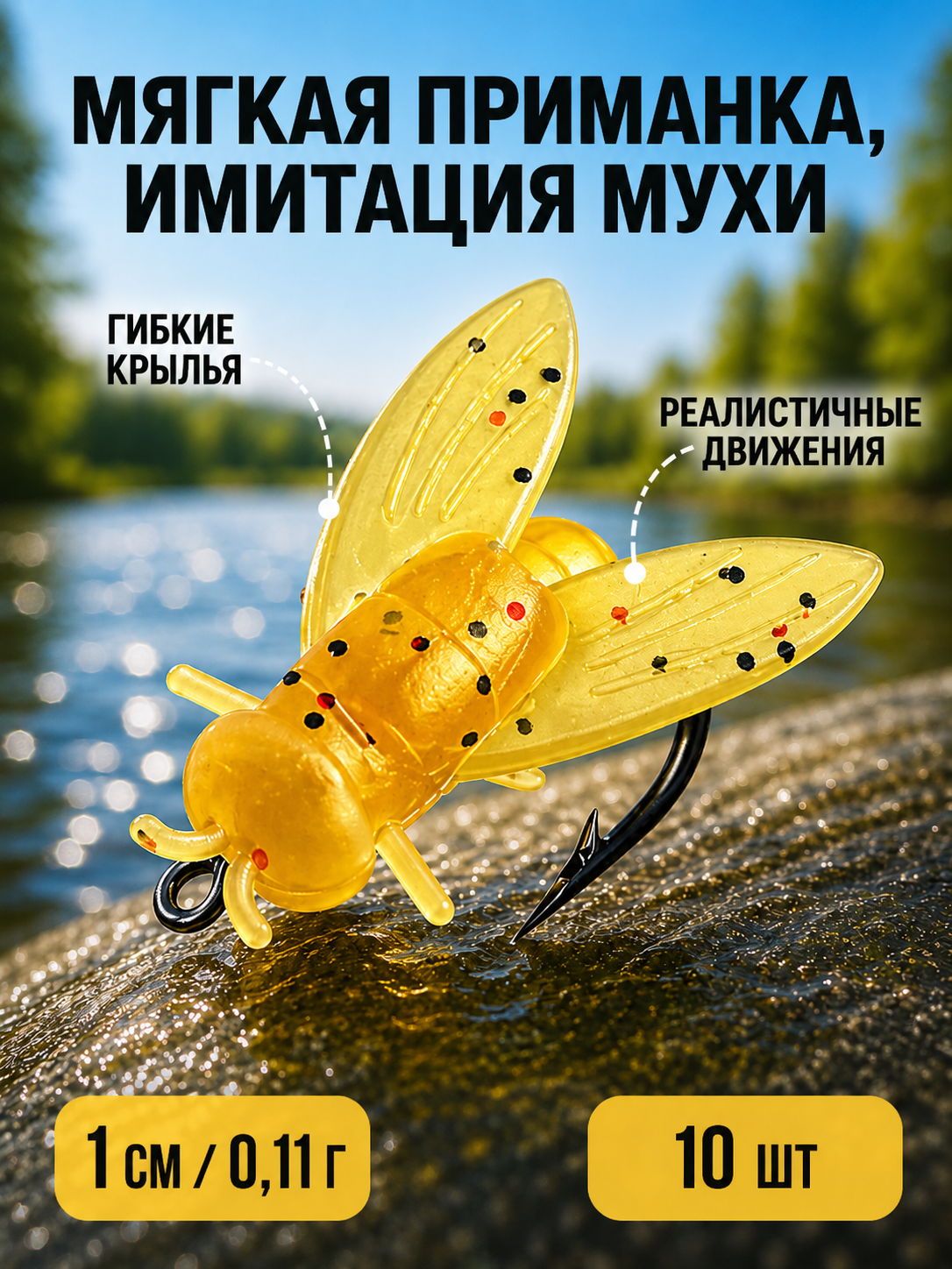 Рыболовная реалистичная, мягкая приманка, имитация мухи, для белого карася и мандаринки 1 см/0,11 г, 10 шт, желтая