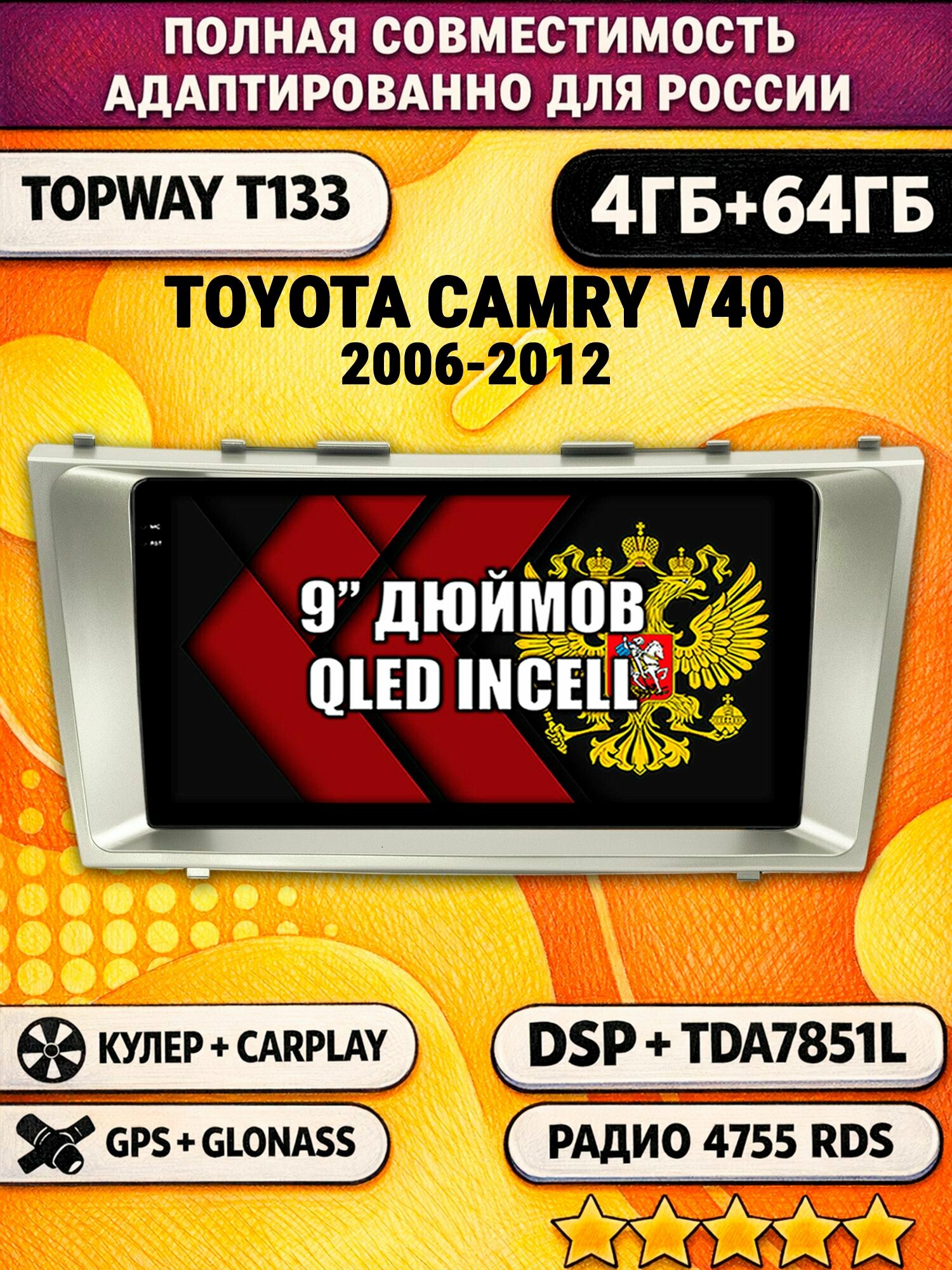 Андроид магнитола в штатное место для TOYOTA CAMRY V40 (2006 2007 2008 2009 2010 2011 2012) XV40 В40 Камри, 4/64гб, DSP, беспроводной CarPlay и Android Auto, GPS и ГЛОНАСС