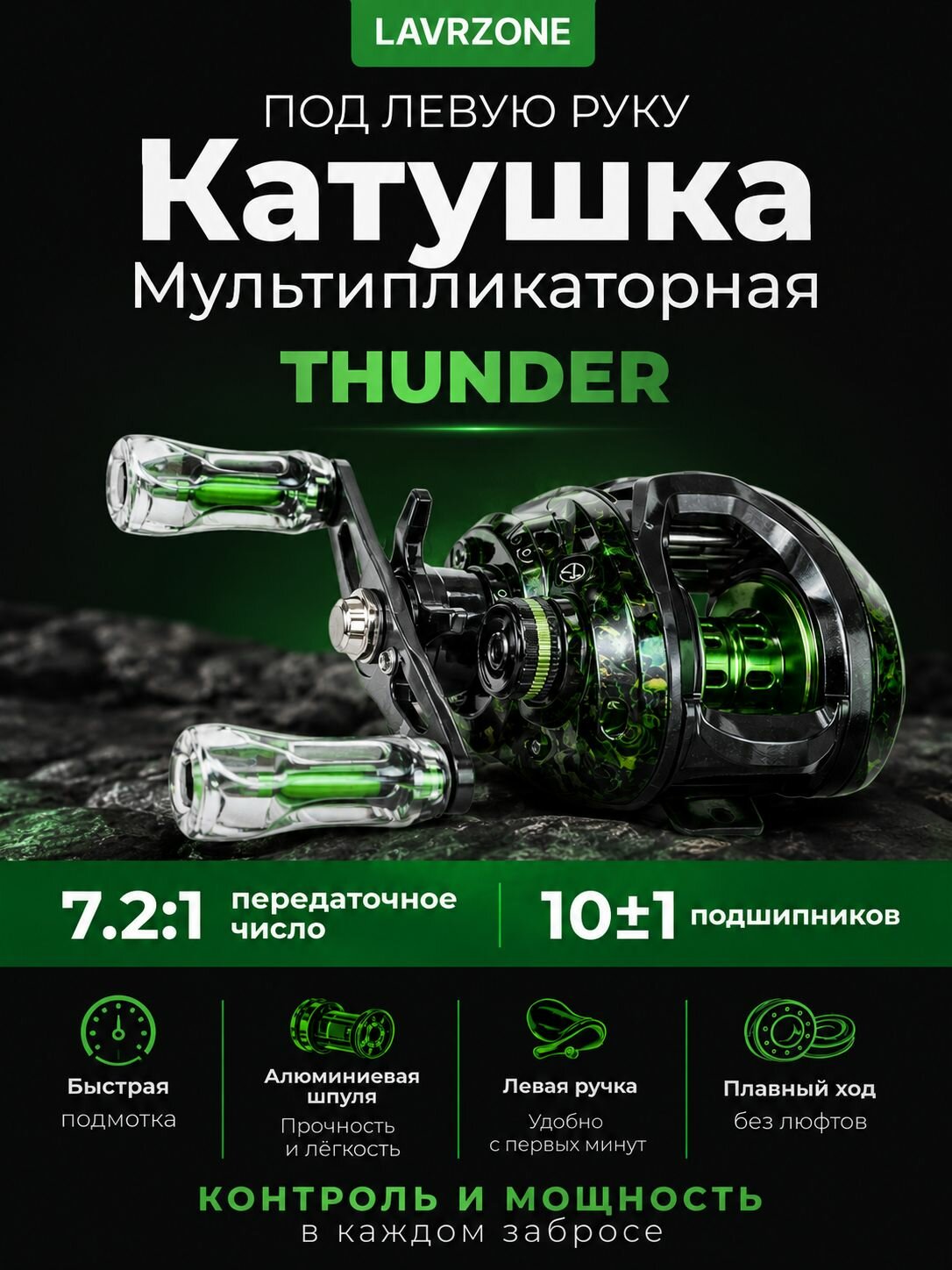 FY200-1 Катушка для рыбалки мультипликаторная Thunder, байткастинговая катушка под левую руку, 10+1 подшипник, для летней рыбалки