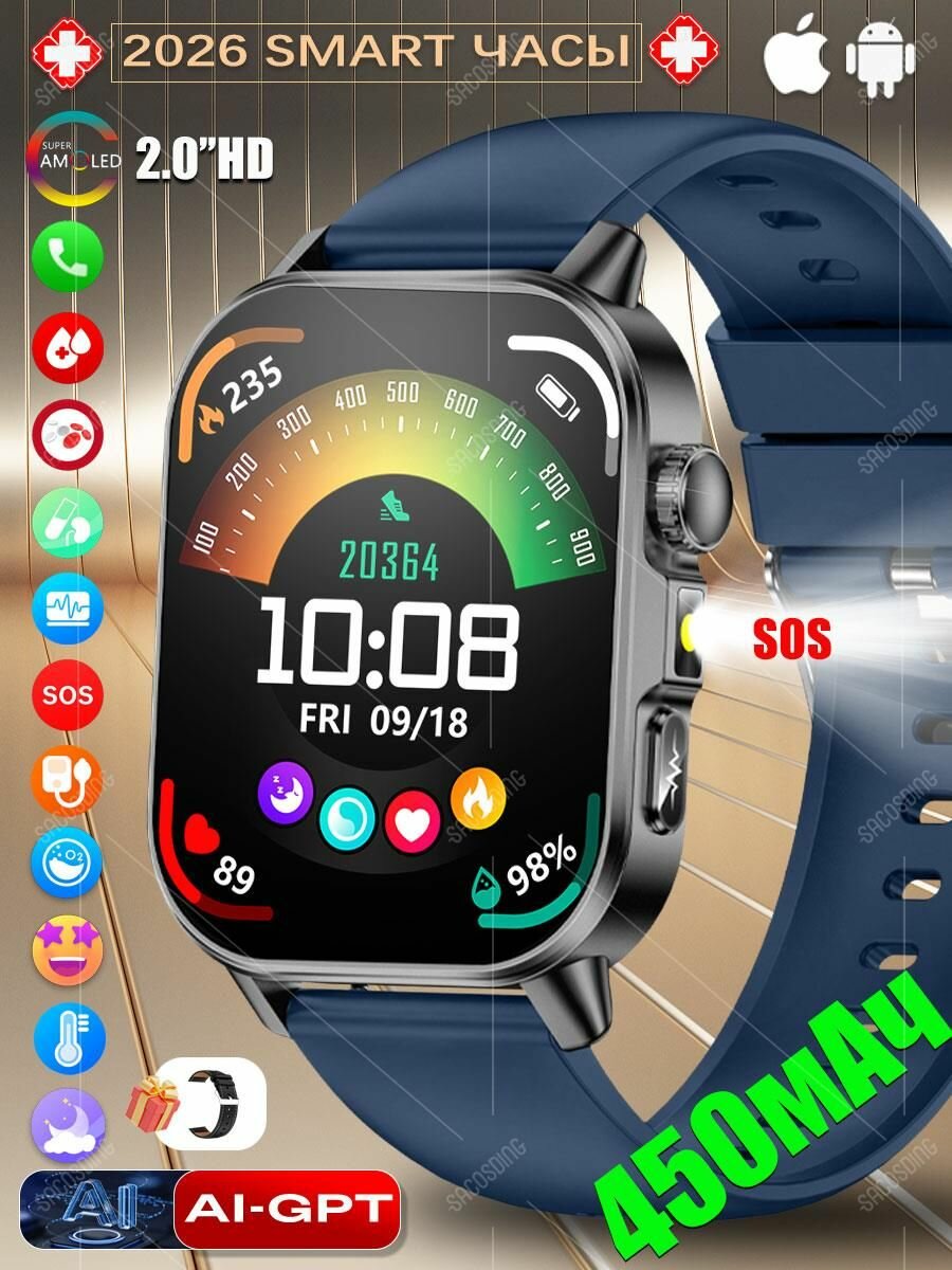 Cмарт-часы мужские и женские с ЭКГ, HRV,2.0'HD, Измерение артериального давления, контроль здоровья, трекер активности для Android и iOS