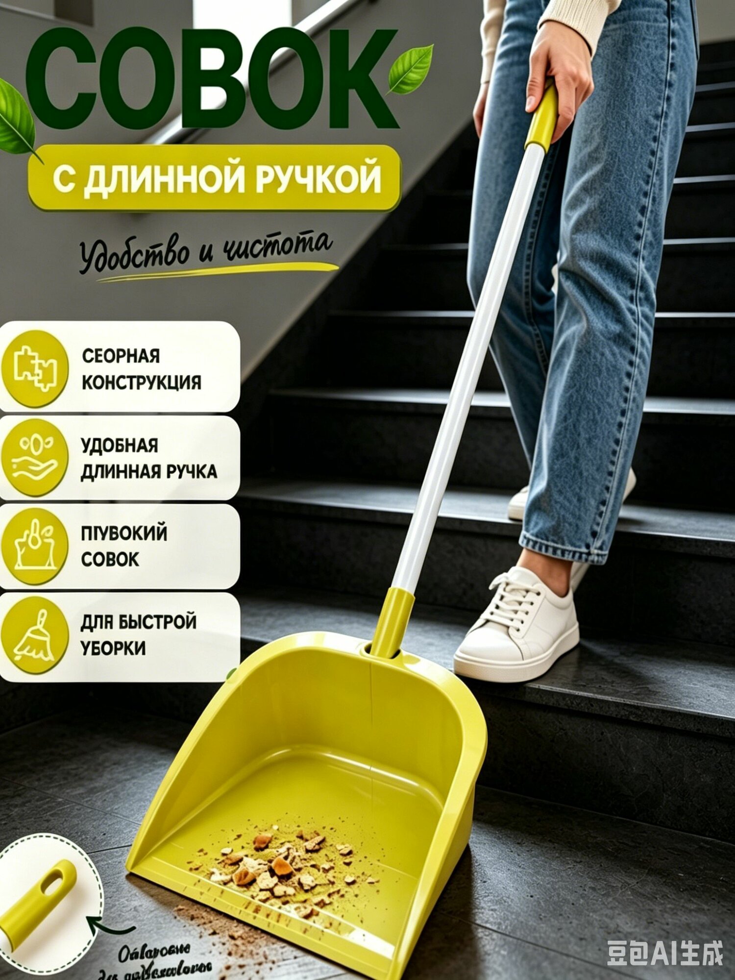 Совок для мусора пластиковый хозяйственный совок с длинной ручкой для дома и дачи