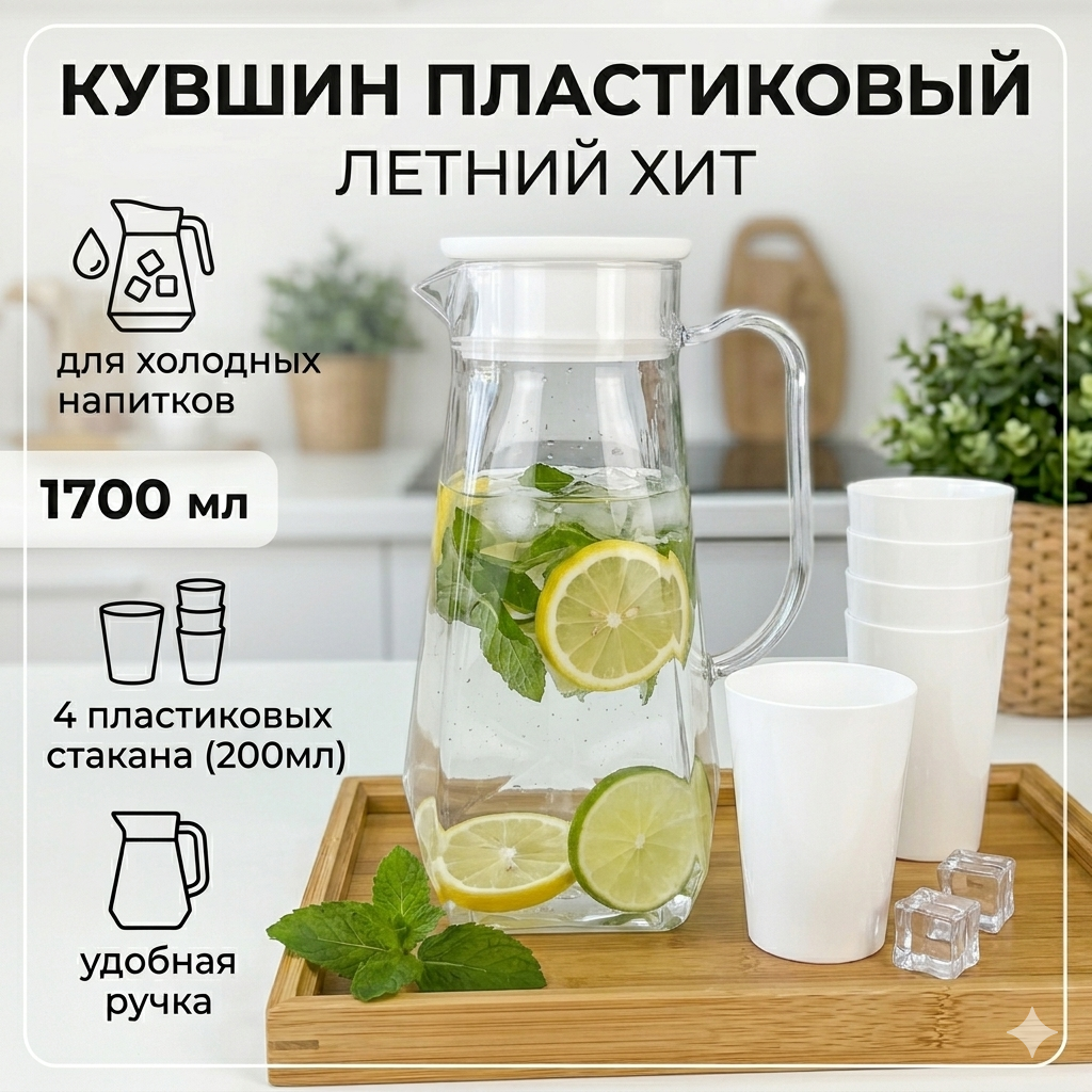 Кувшин пластиковый 1.7л «Летний хит» с 4 стаканами 200мл, прозрачный с белой крышкой