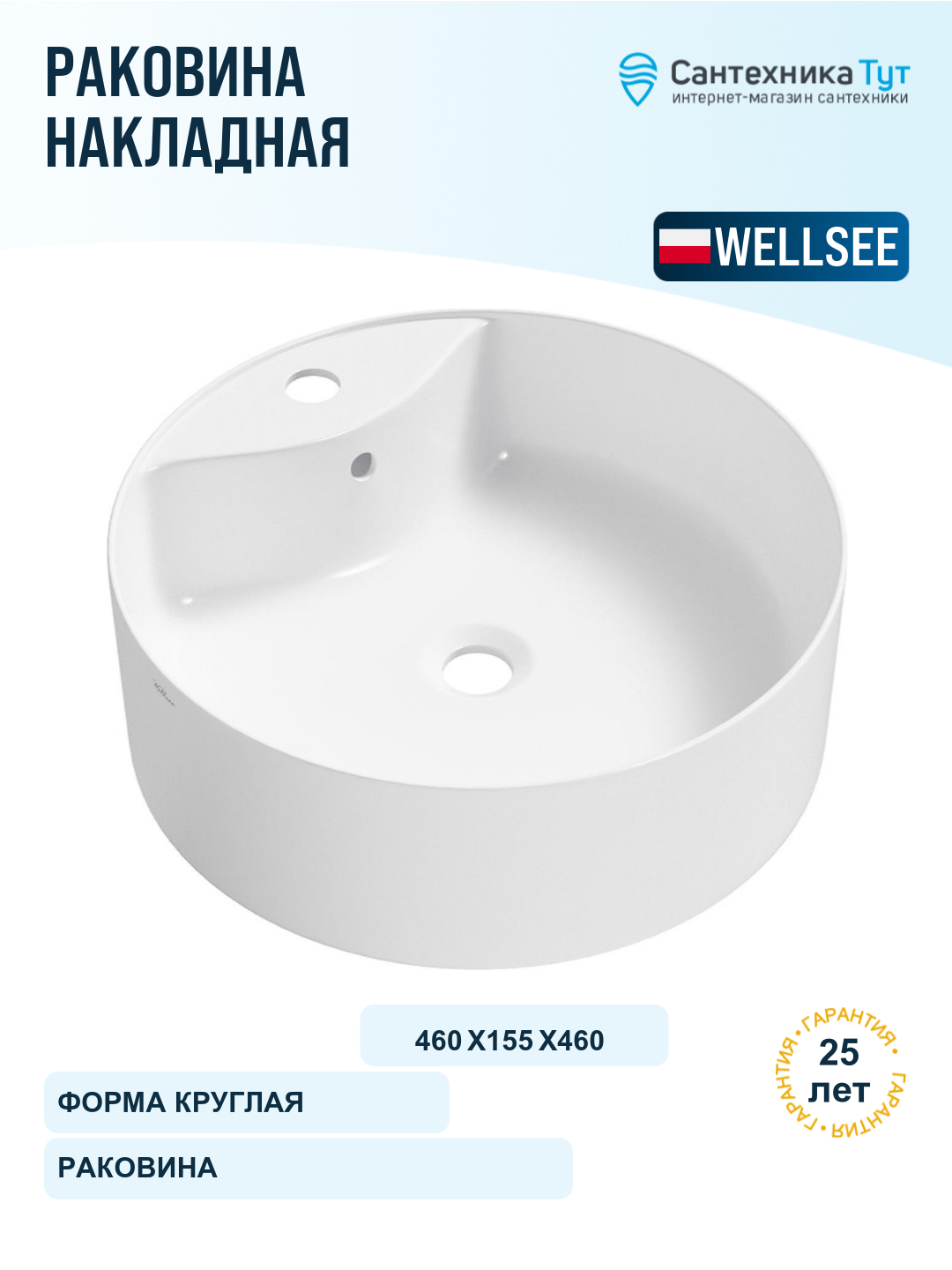 Раковина Wellsee Praxis 46 32940200S цвет Белый глянцевый