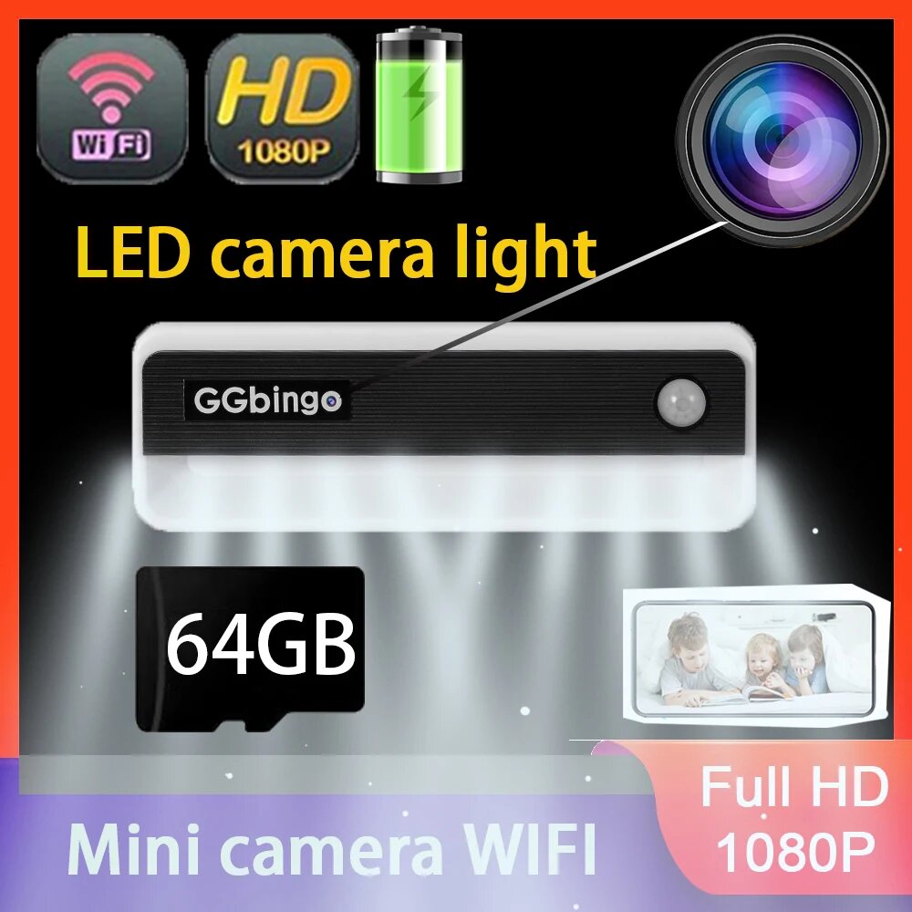 Мини-камера WiFi 1080P с LED подсветкой, 64G