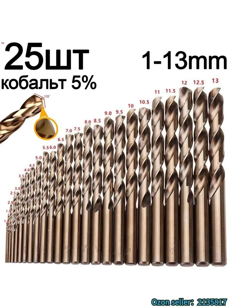 Набор кобальтовых сверл по металлу , M35 HSS Co 5%, 25 шт. 1-13 мм