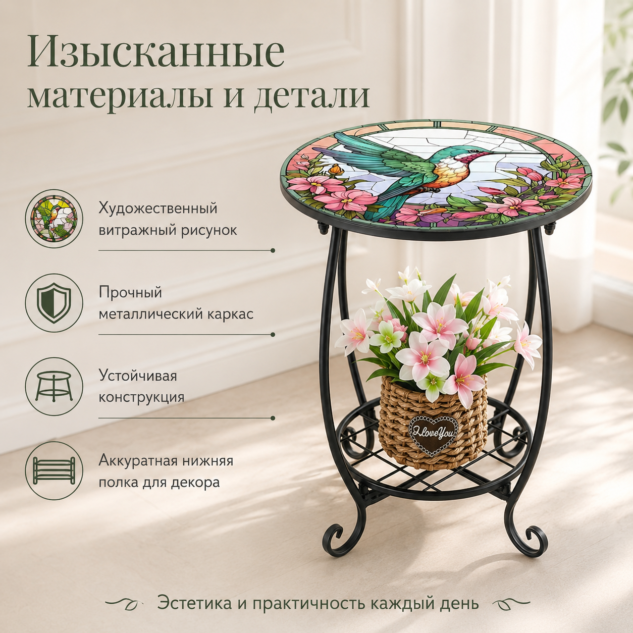 Металлический столик с рисунком колибри в витражном стиле, двухъярусный декор для дома