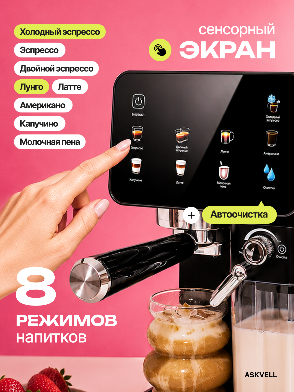 Автоматическая рожковая кофемашина с капучинатором, 8в1, 20 Бар, 2000 Вт — фото 1