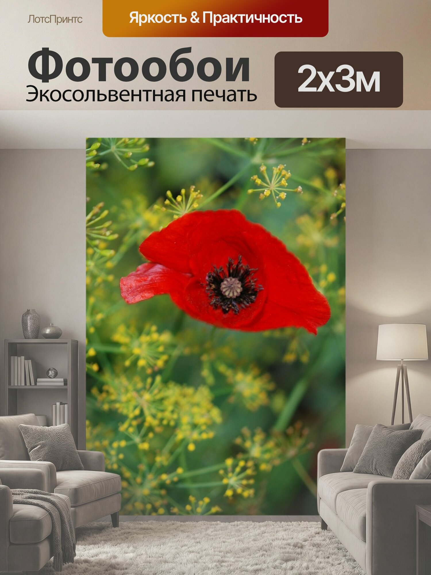 Фотообои "Мак, красный, цветок" 200x300 см. экосольвентная печать