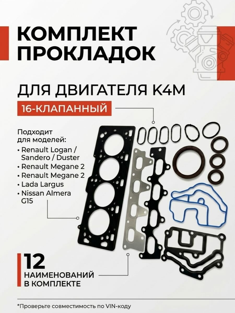 Комплект прокладок для двигателя K4M 16 клапанный . Для Renault Logan, Sandero, Duster, Megane 2. Lada Largus. Nissan Almera G15. 12 наименований. Оригинальный артикул - 7701471886
