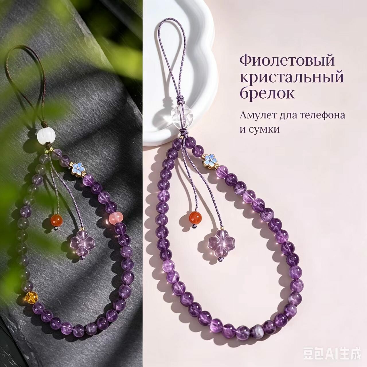 Брелок‑цепочка для телефона из аметиста, изящный бусинный ремешок, , подарок в китайском стиле комплект из 2 штук