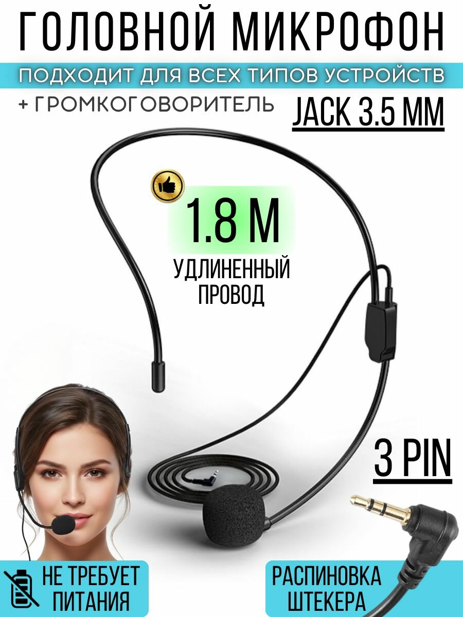 Головной микрофон громкоговорителя 1,8 м, на голову для ПК мини
