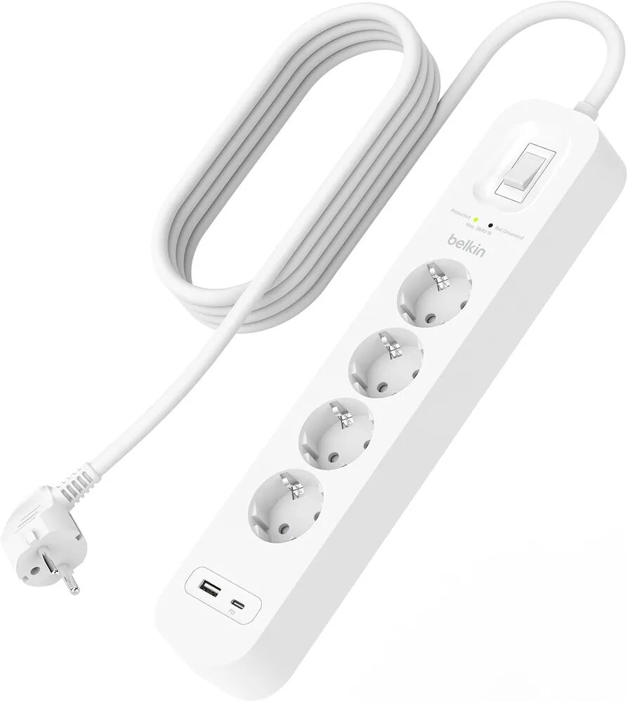 Удлинитель сетевой Belkin SRB001VF2M 4хТип F USB-A/USB-C 18Вт 16А с защитой от перенапряжения 2м