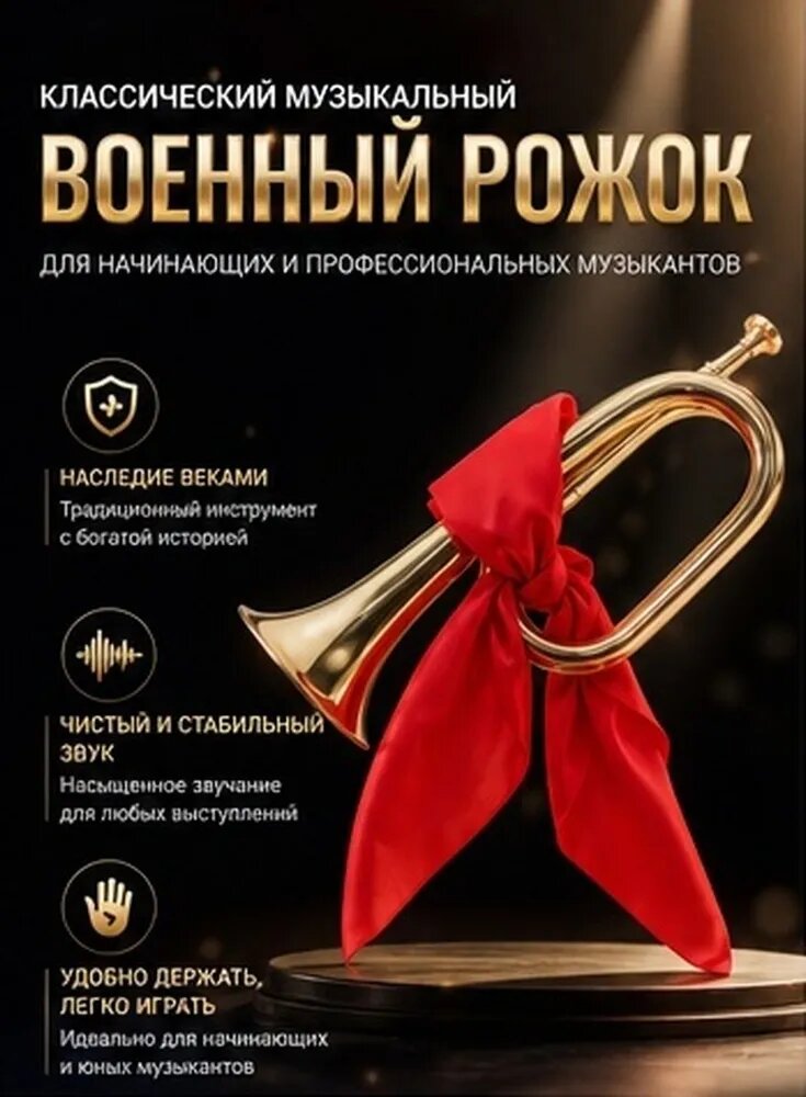 Золотой медный горн с красным платком для исполнения музыки в оркестре