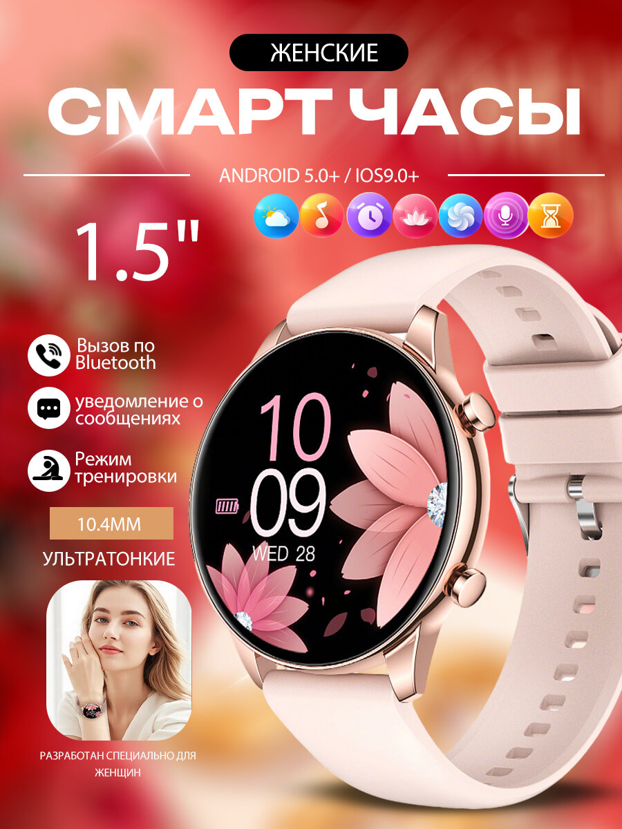 Ультратонкие часы наручные женские смарт круглые, для android и Iphone, стресса и пульса, функцией вызова по Bluetooth