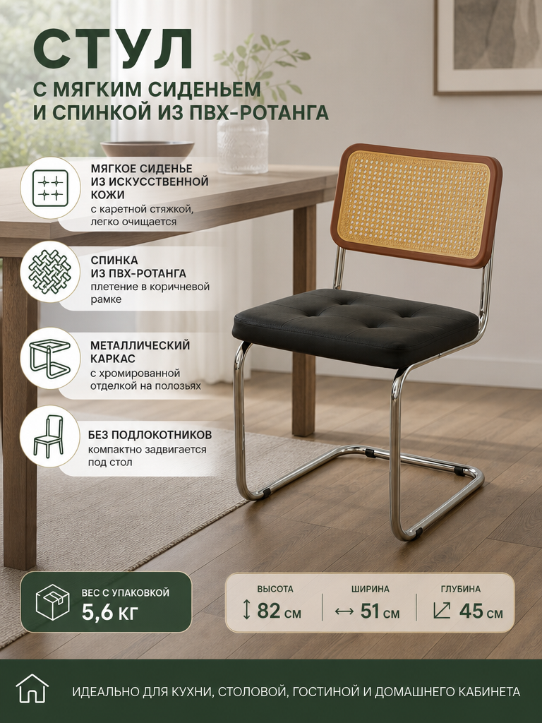 Стул с мягким сиденьем из искусственной кожи и спинкой из ПВХ-ротанга, металлический каркас