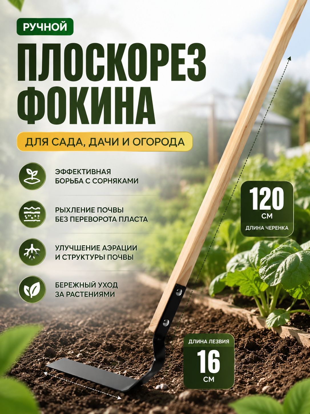 Плоскорез Фокина садовый для прополки и рыхления, рыхлитель тяпка Фокина с черенком, 120 см, 1 шт садовый инструмент