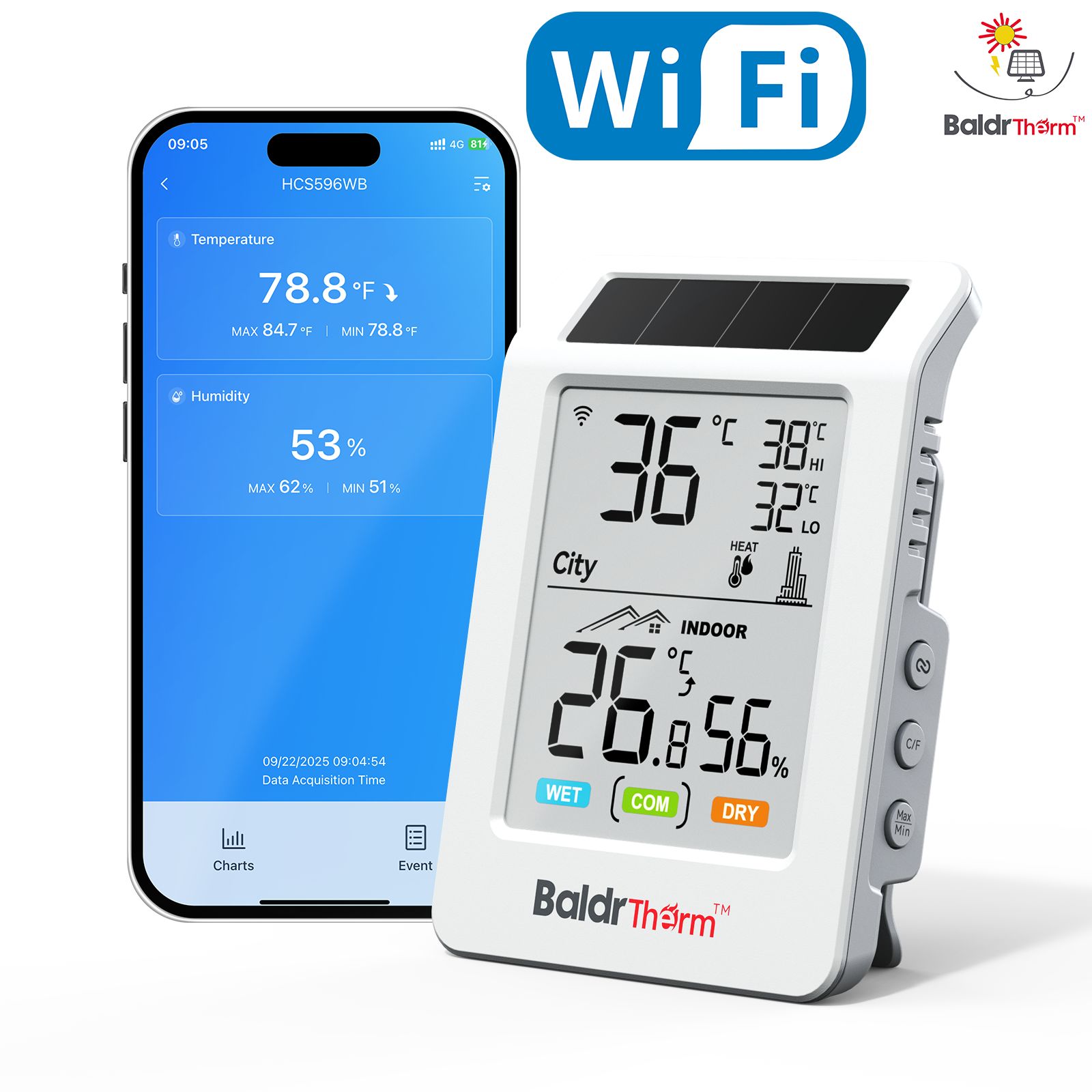 Солнечный термогигрометр BALDR THERM с Wi-Fi и 3,8-дюймовым цифровым дисплеем