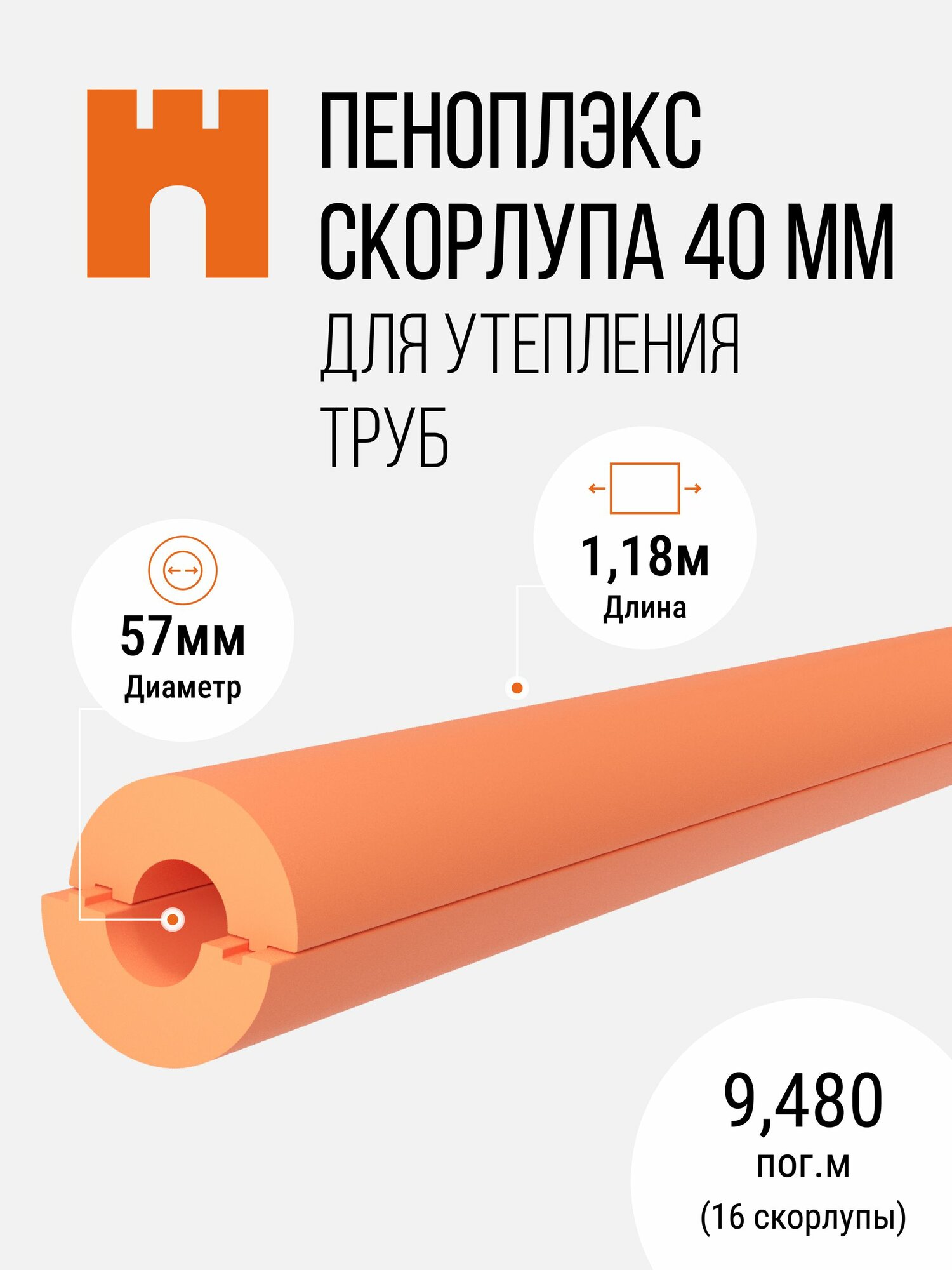 Утеплитель пеноплэкс для труб диаметром 57мм , скорлупа XPS 40мм, 9,48 пог. м, 16 скорлуп