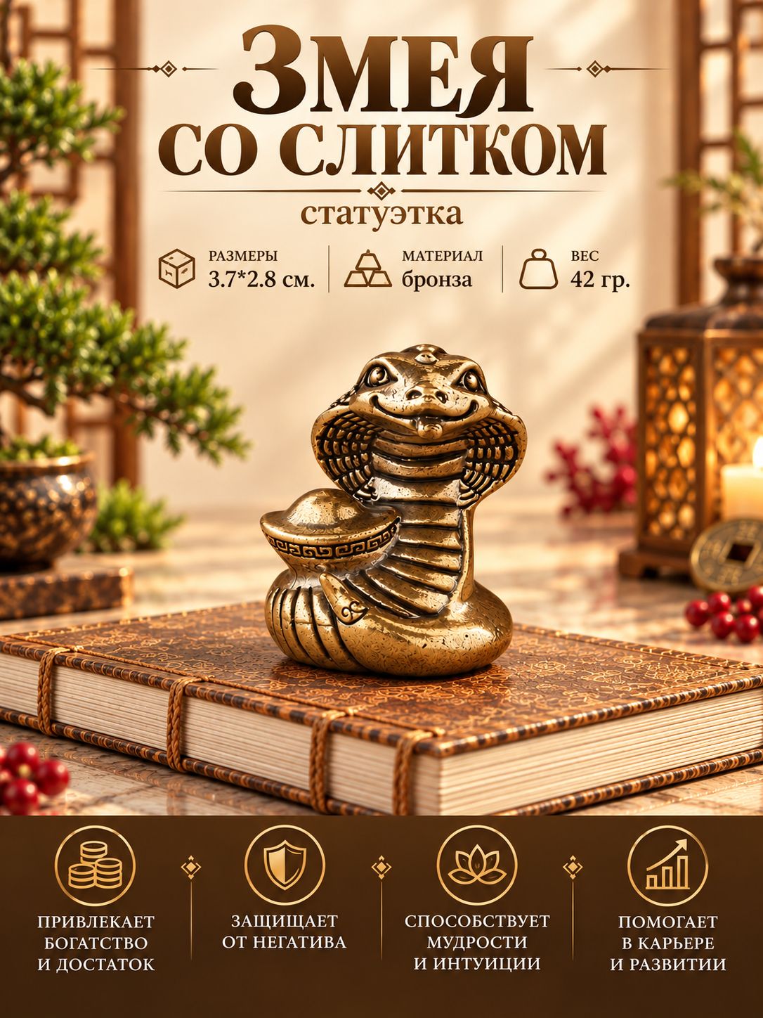 Статуэтка "Змея со слитком" Фен-Шуй, бронза (3.7*2.8 см)