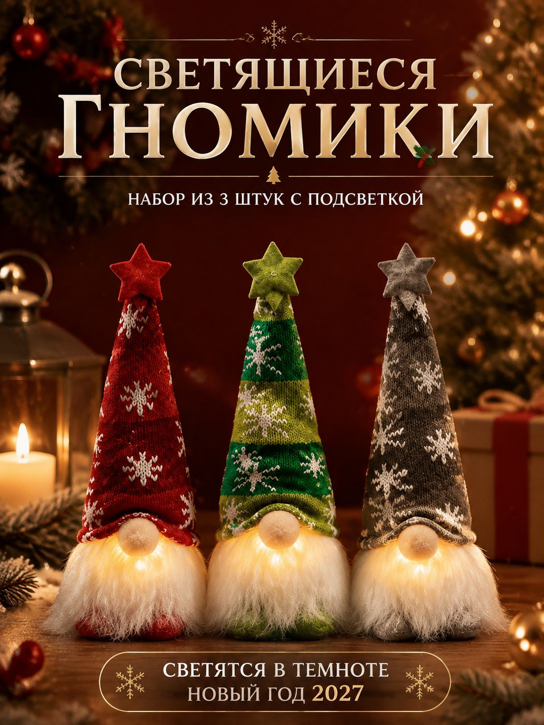 Светящиеся рождественские гномики, набор 3 штуки размером 20,5×8 см, вязаные фигурки с подсветкой для праздничного декора