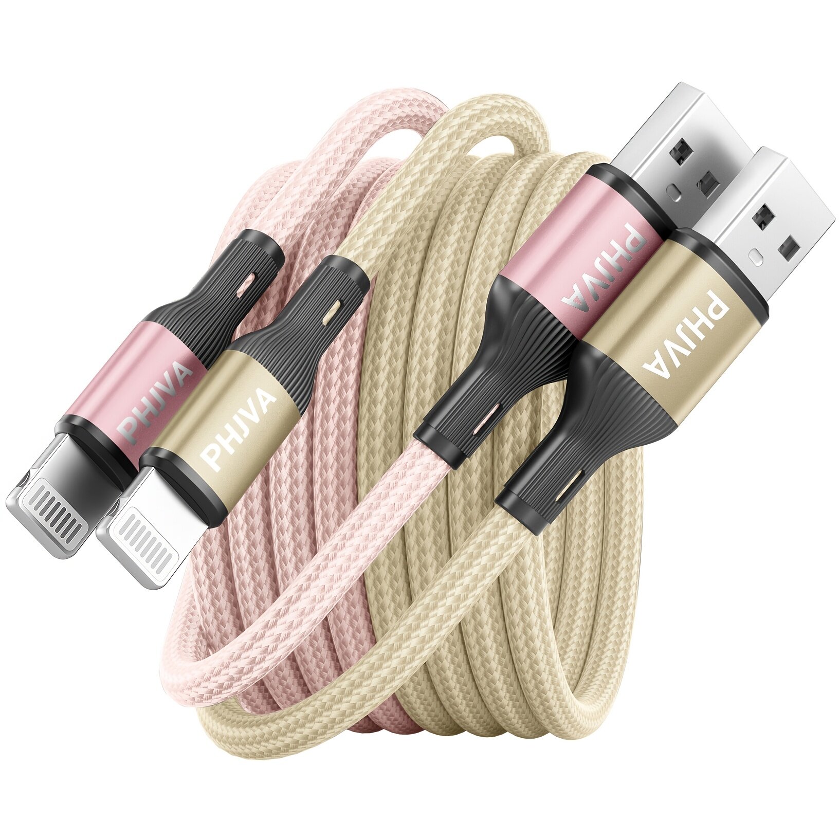 Кабель USB-A на Lightning, 2 шт, быстрая зарядка и передача данных, длина 2 м, розовое золото и золотой цвет