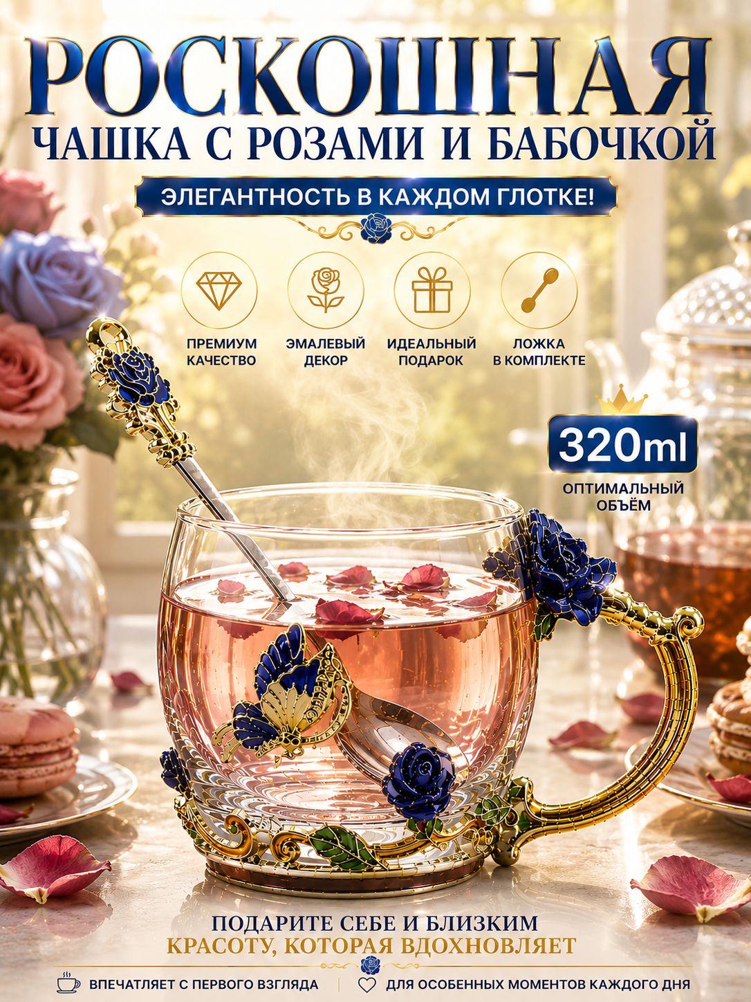 Роскошная кружка 320 мл из стекла с эмалевыми розами и бабочкой, с ложкой, идеальный подарок для женщин