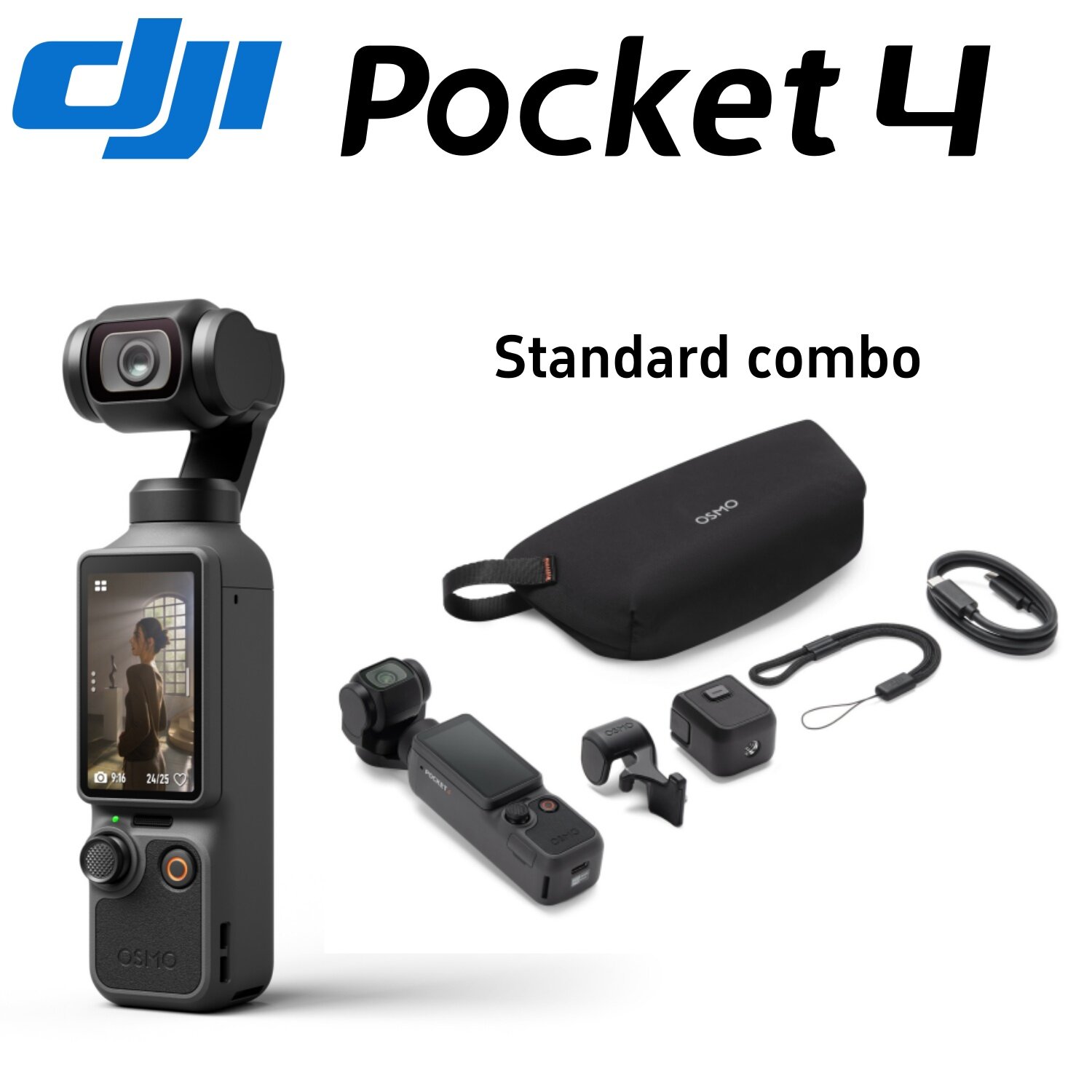 Камера‑стабилизатор DJI Osmo Pocket 4 стандартный комплект черный,3‑осевой гимбал,4K‑видео,107ГБ для влогов