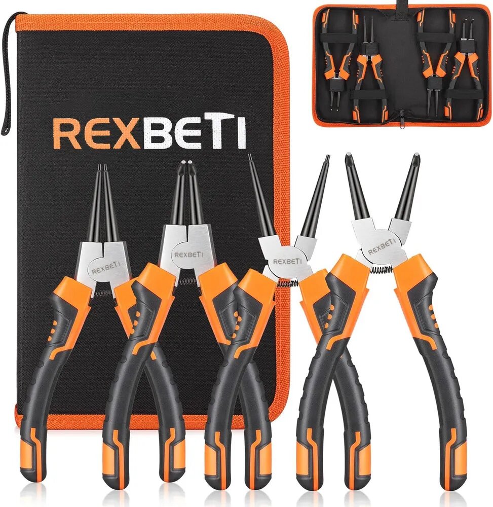 REXBETI Набор плоскогубцев для стопорных колец, сверхмощные, 4 предмета, 7-дюймовое внутреннее наружное стопорное кольцо