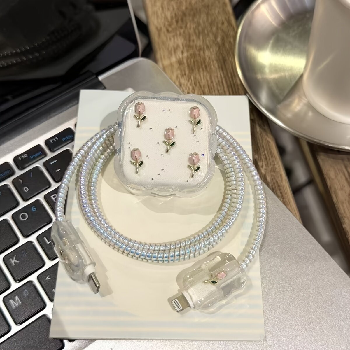 Чехол и кабель для зарядки с розовым 3D-тюльпаном, прозрачный с блёстками, в девичьем стиле