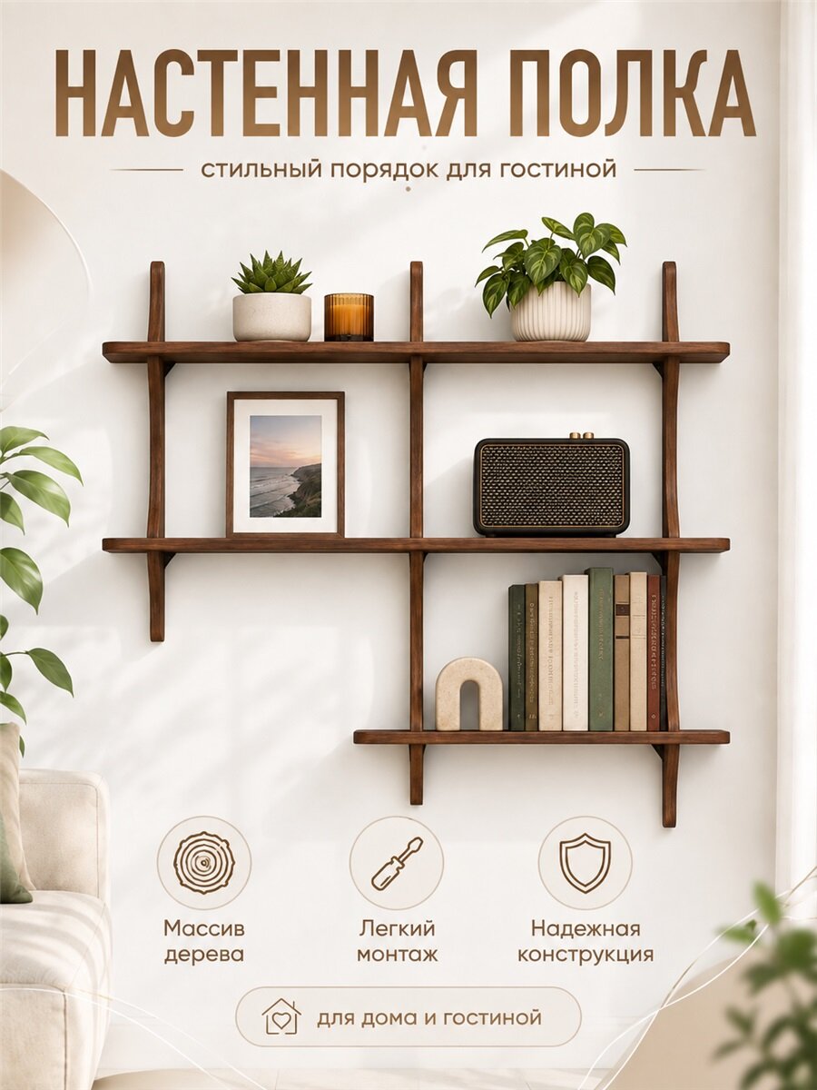 Настенная полка деревянная для интерьера, удобное хранение книг и декора, простой монтаж в гостиной комнате