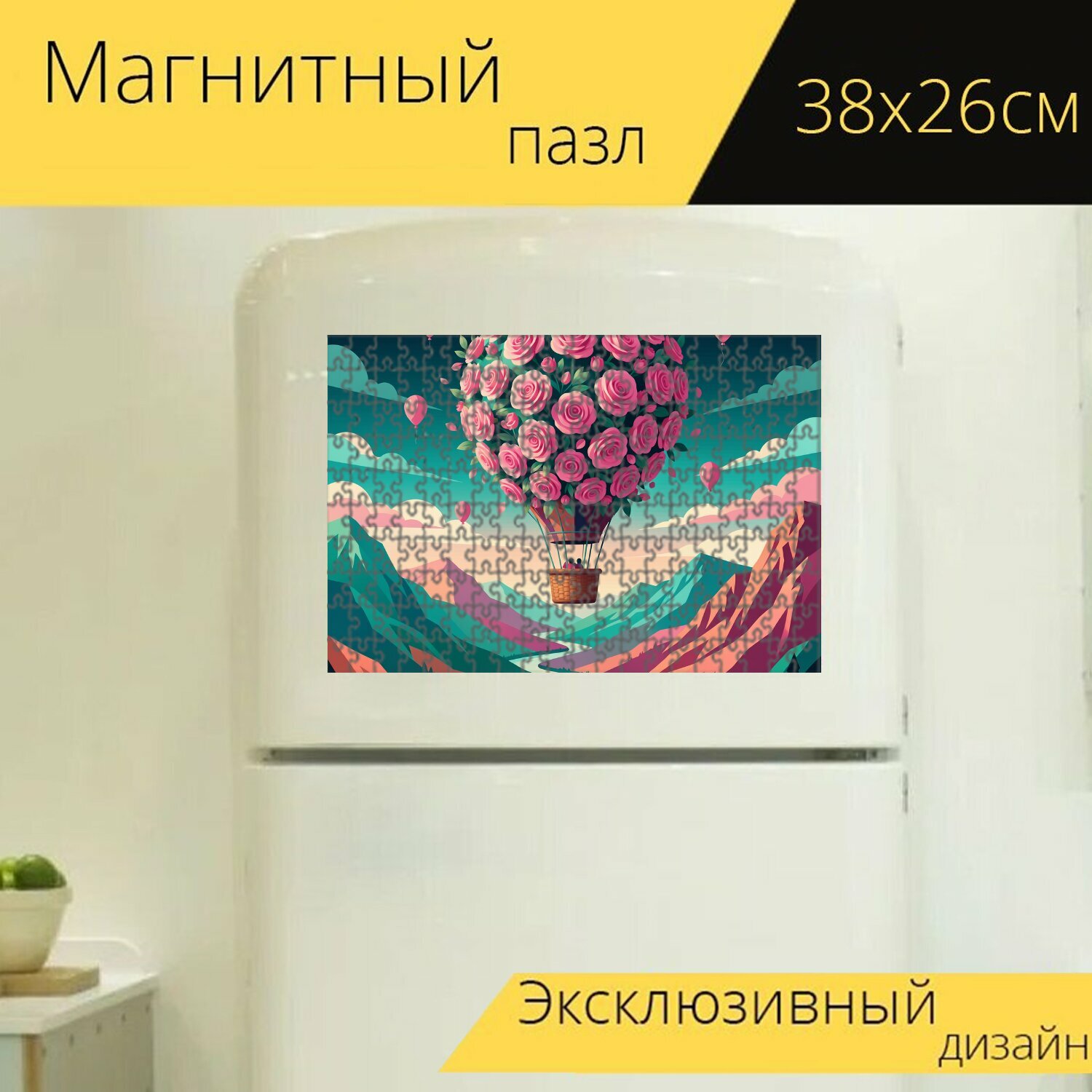 Магнитный пазл "Воздушный шар из роз над горами. Яркая фантазийная иллюстрация: корзина с огромным шаром из розовых бутонов парит над горным ущельем и." для интерьера, 38х26 см.