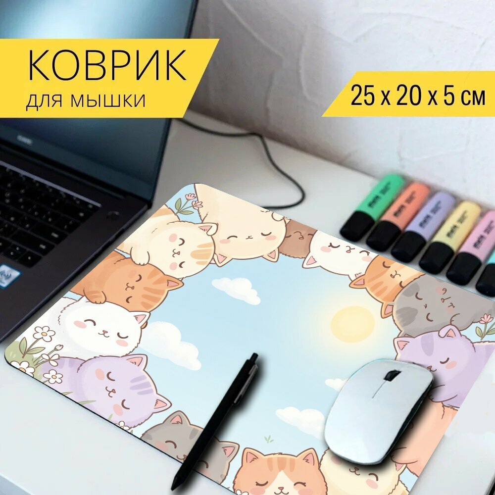 Коврик для мыши с принтом "Спящие котики в цветочном венке. Милые пушистые зверьки в пастельных оттенках образуют круг вокруг светлого неба с солнцем и облаками. Нежный." 25x20см.