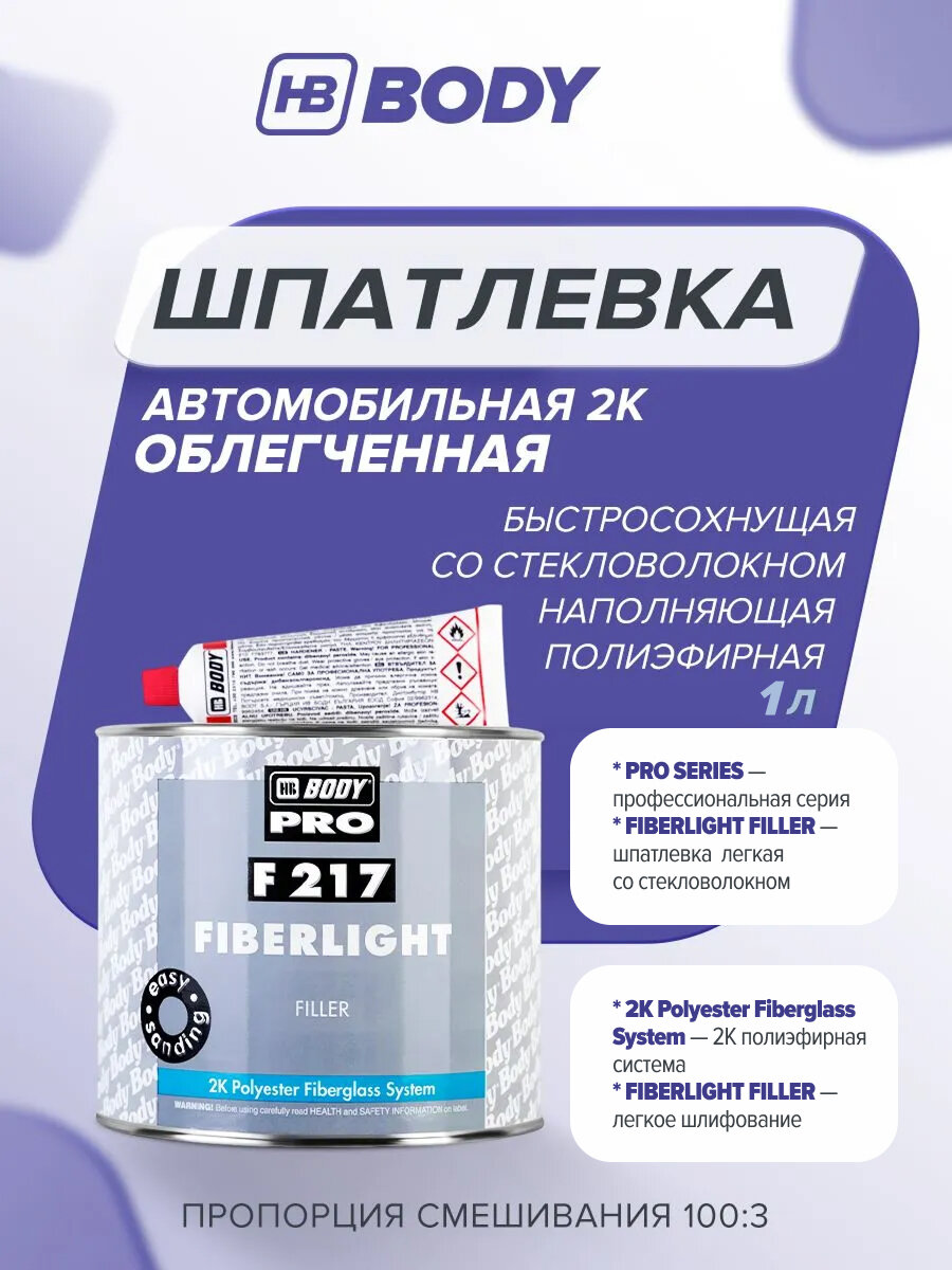 Шпатлевка автомобильная со стекловолокном 1 л 2К зеленая с отвердителем / HB BODY F217 / шпаклёвка стекловолокно