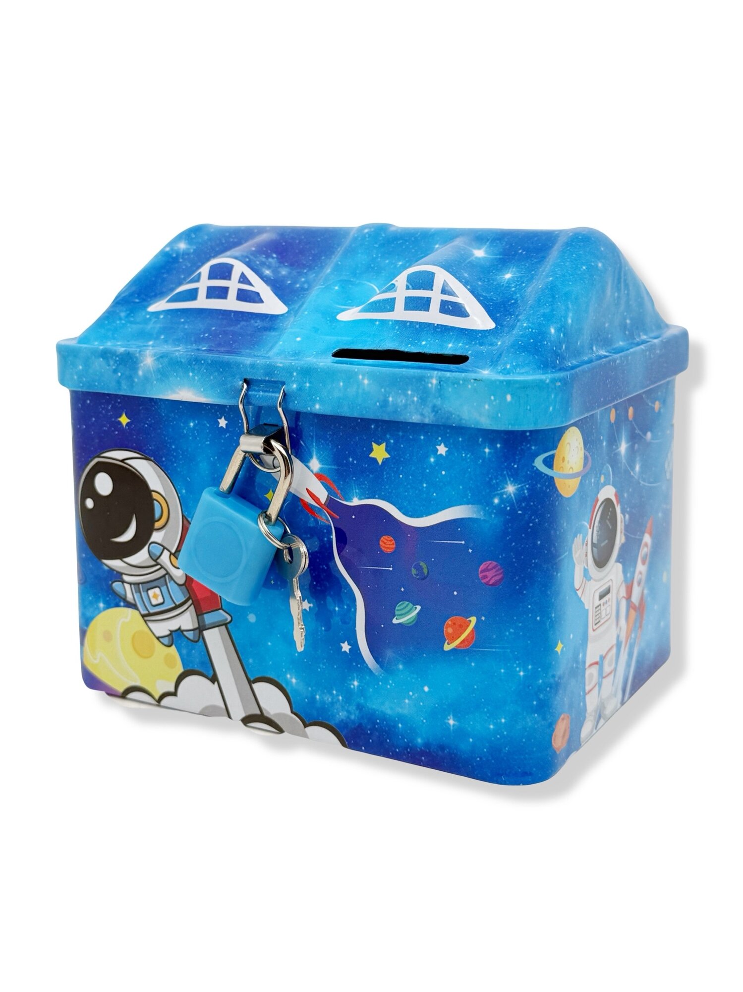 Копилка детская "Космос", металл, с замком, 11х12х8 см синяя
