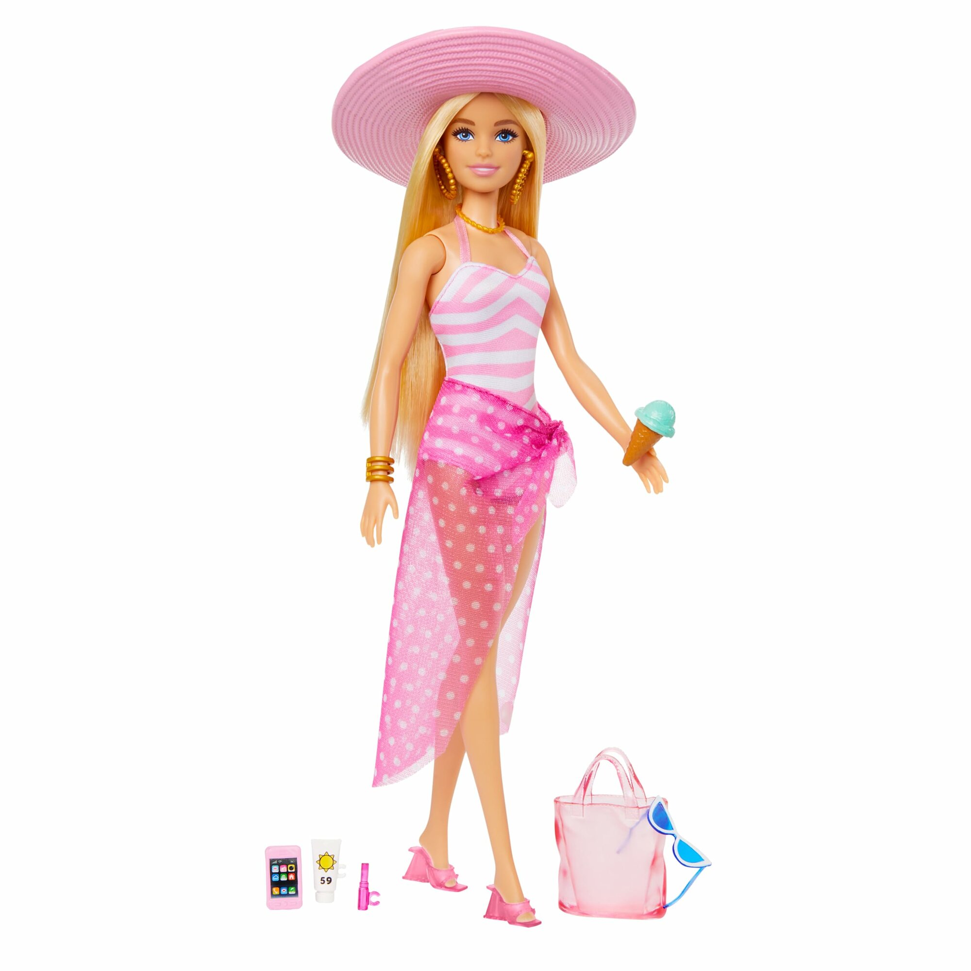 Кукла Mattel Barbie Beach Day Блондинка в купальнике с пляжными аксессуарами HPL73, розовый