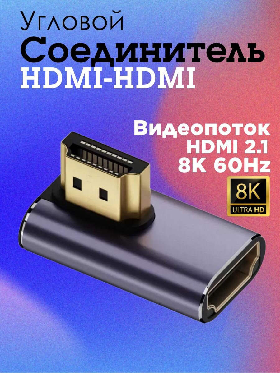 Переходник HDMI(M)-HDMI(F) угловой, адаптер угловой HDMI 2.1, 8K/60Hz, угол 90 градусов влево