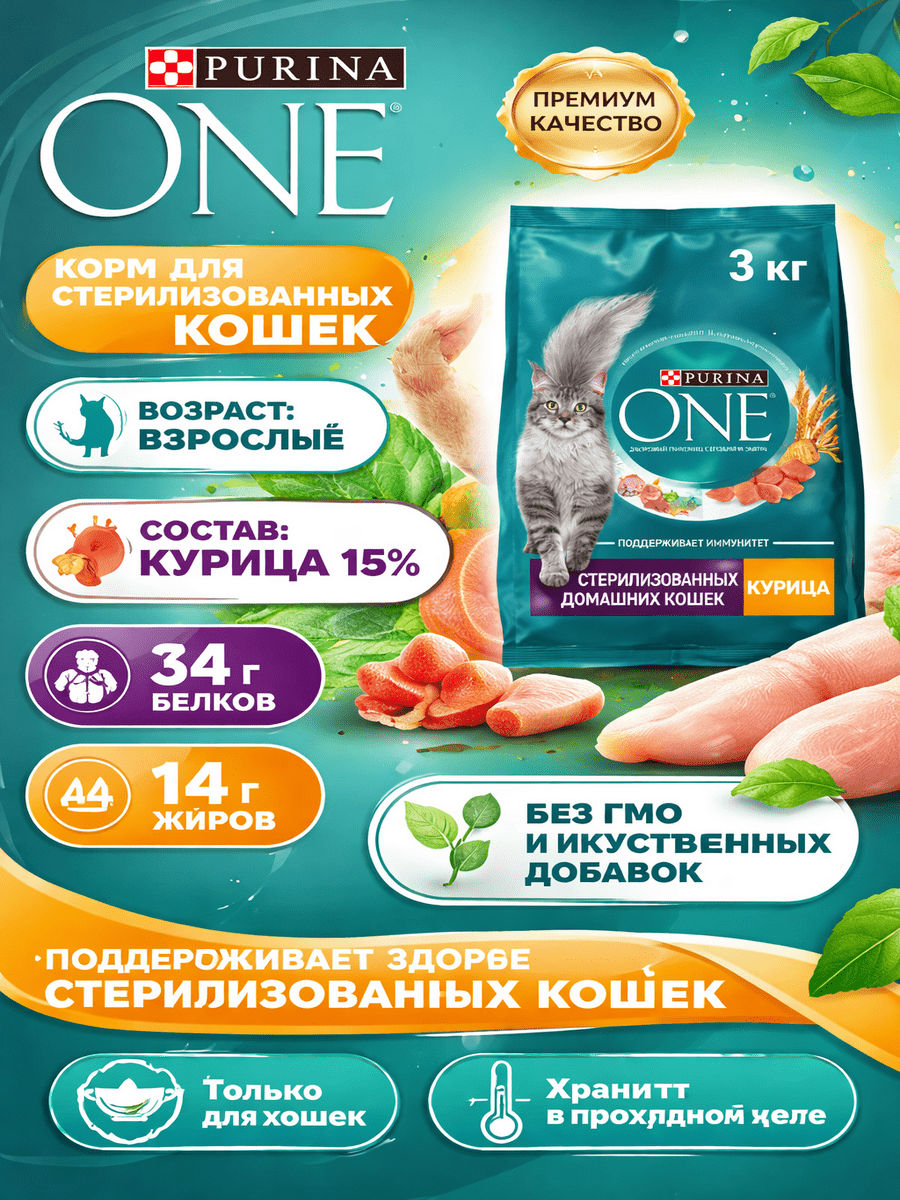 Корм сухой Purina One для стерилизованных домашних кошек с высоким содержанием курицы, 3кг