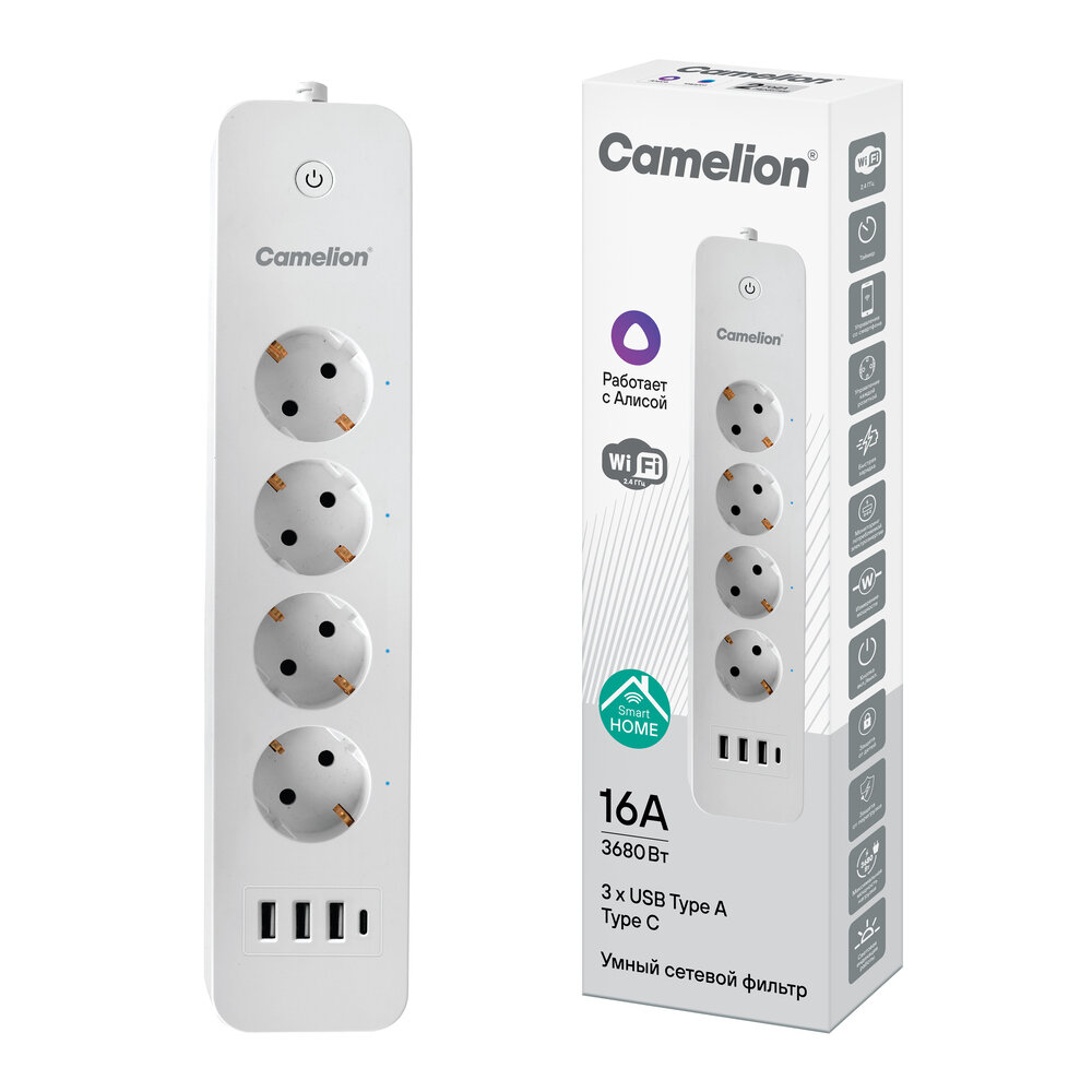 Сетевой фильтр умный Camelion "Smart Home" SH001, 4 розетки, 1.5м, 3 USB и Type-C, WIFI