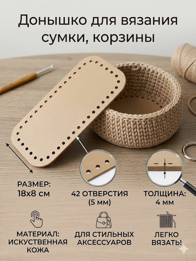 Донышко для вязания сумки, корзины. 18х8 см. Прямоугольное. Искусственная кожа. 42 отверстия по 5 мм, толщина 4 мм