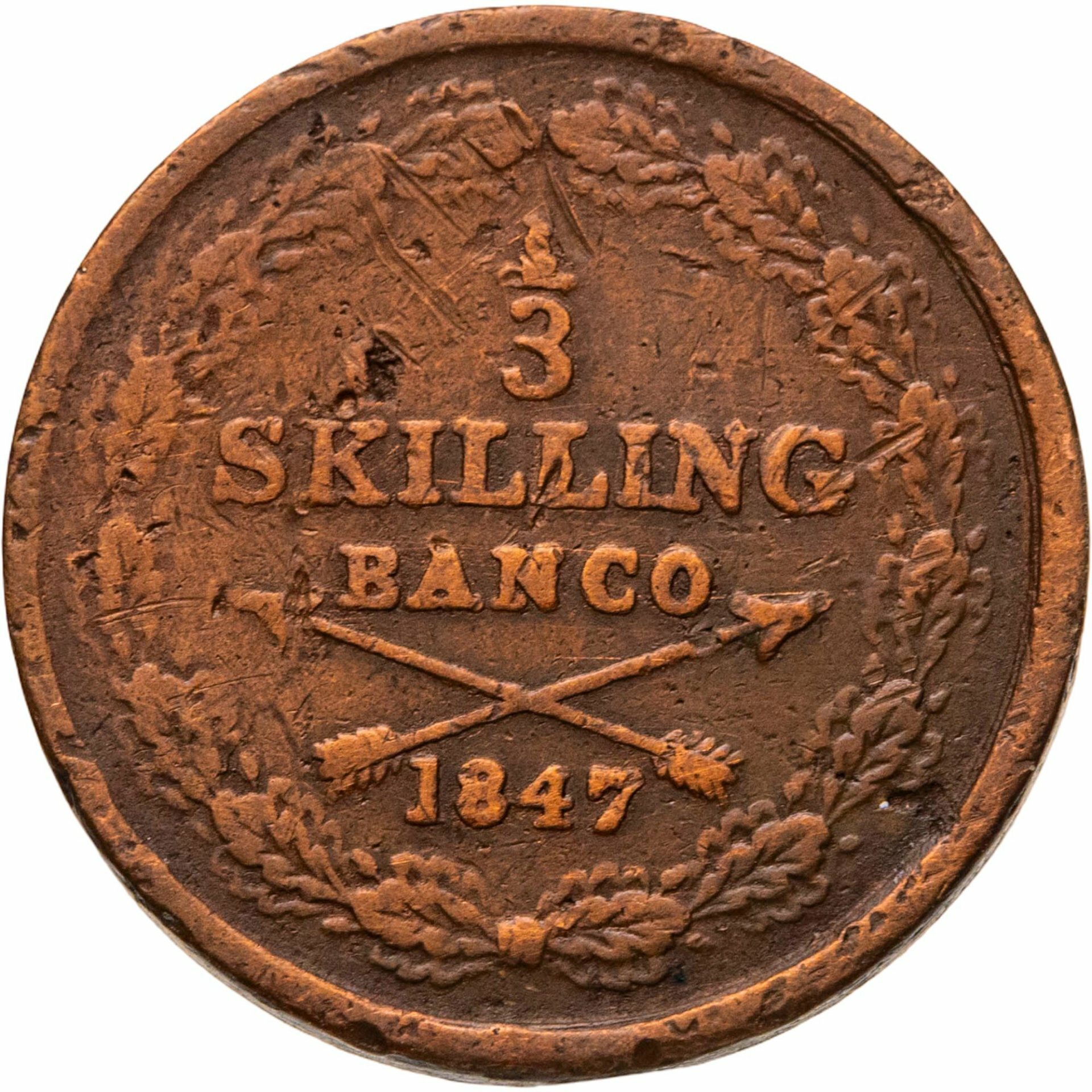 Швеция 1/3 скиллинга банко skilling banco 1847, Медь, в сохранности VF